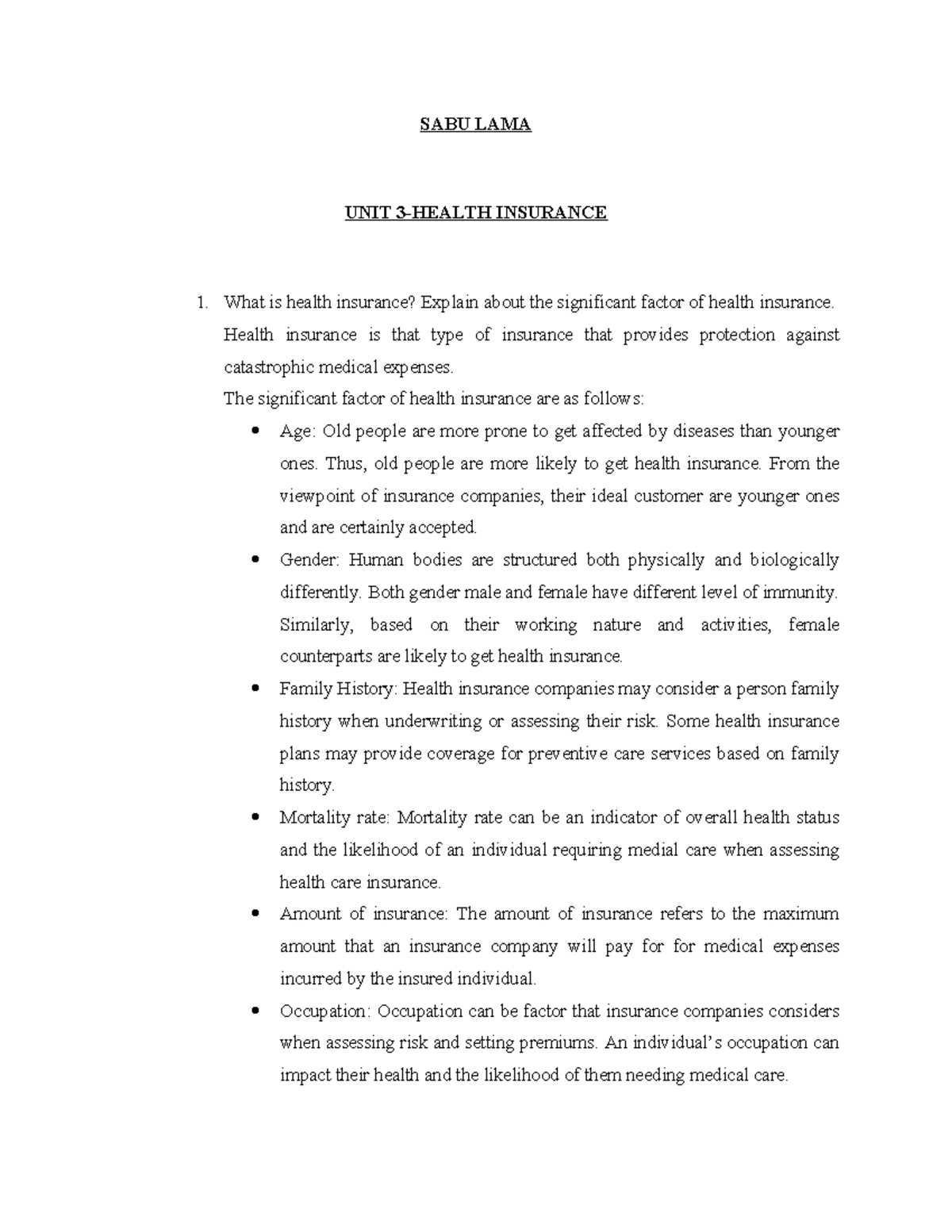 UNIT 3-Health Insurance - SABU LAMA UNIT 3-HEALTH INSURANCE What is ...