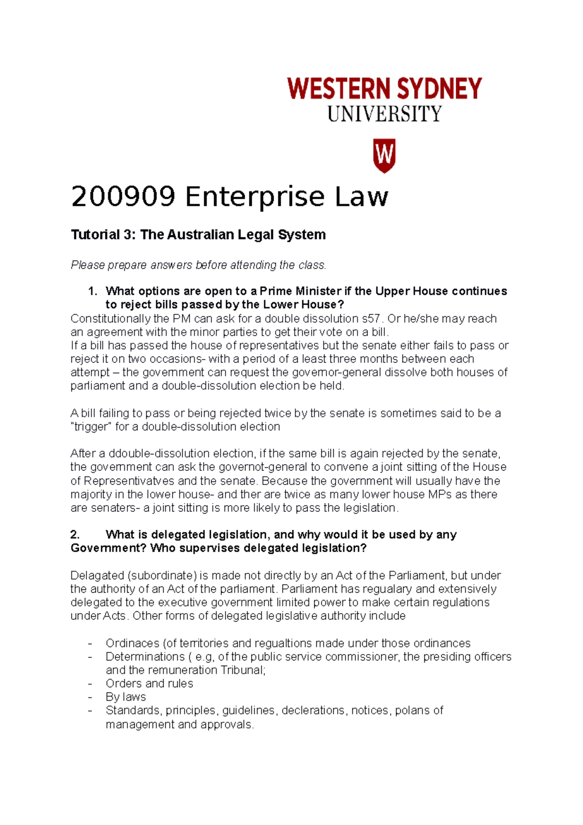 Tutorial 3 - 200909 Enterprise Law Tutorial 3: The Australian Legal ...