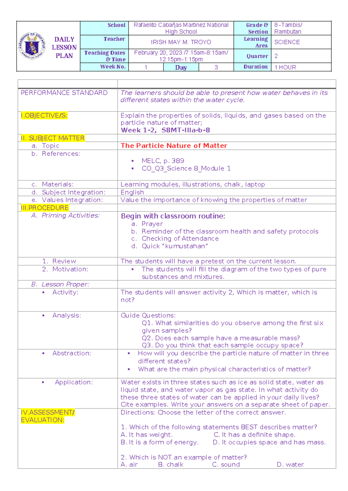 01 Particle Nature OF Matter - DAILY LESSON PLAN School Rafaelito Caba ...