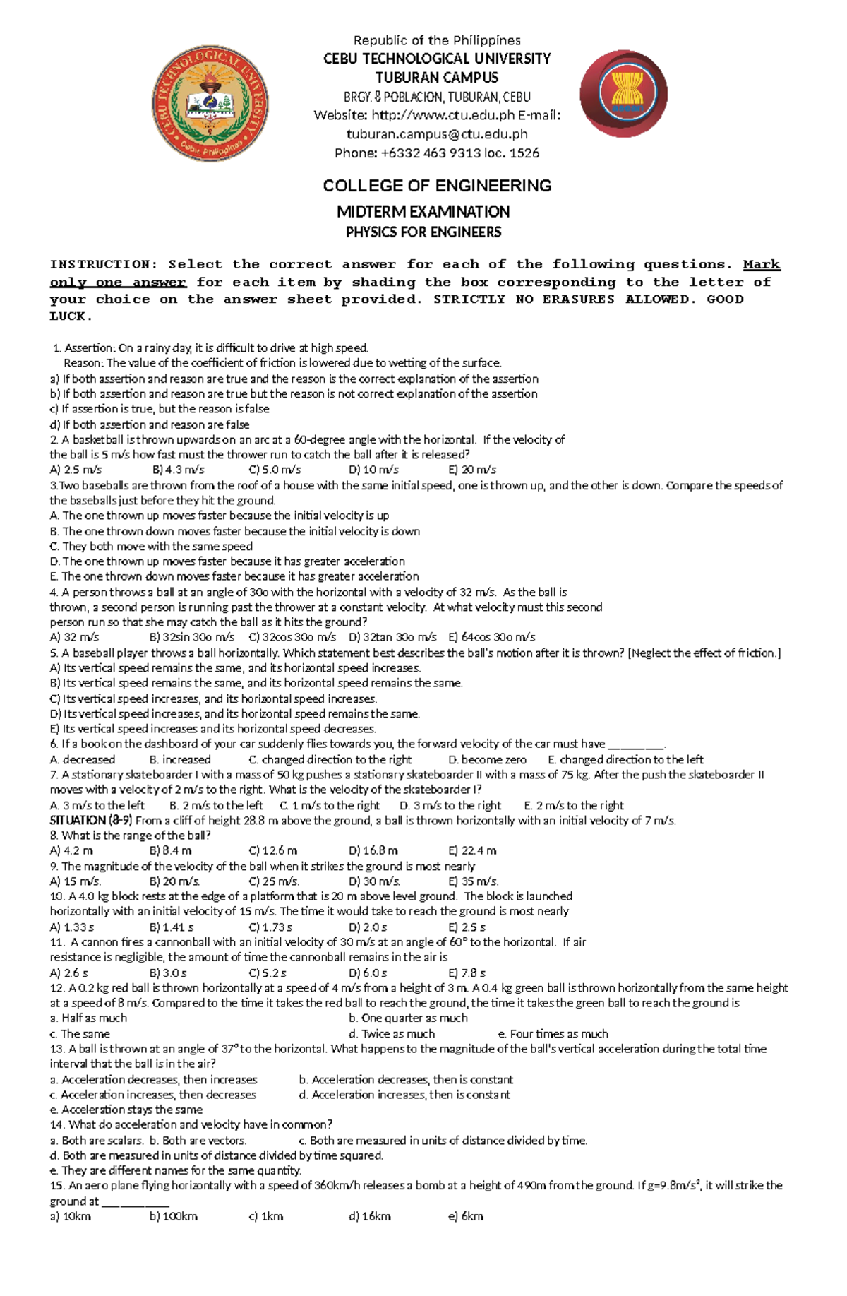 PHYSICS for Engineers questions - MIDTERM EXAMINATION PHYSICS FOR ...