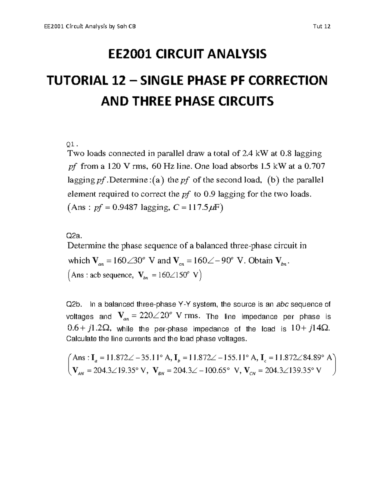 EE2001 Tutorial 12 211110 170200 - EE2001 Circuit Analysis by Soh CB Tut 12 EE2001 CIRCUIT ...