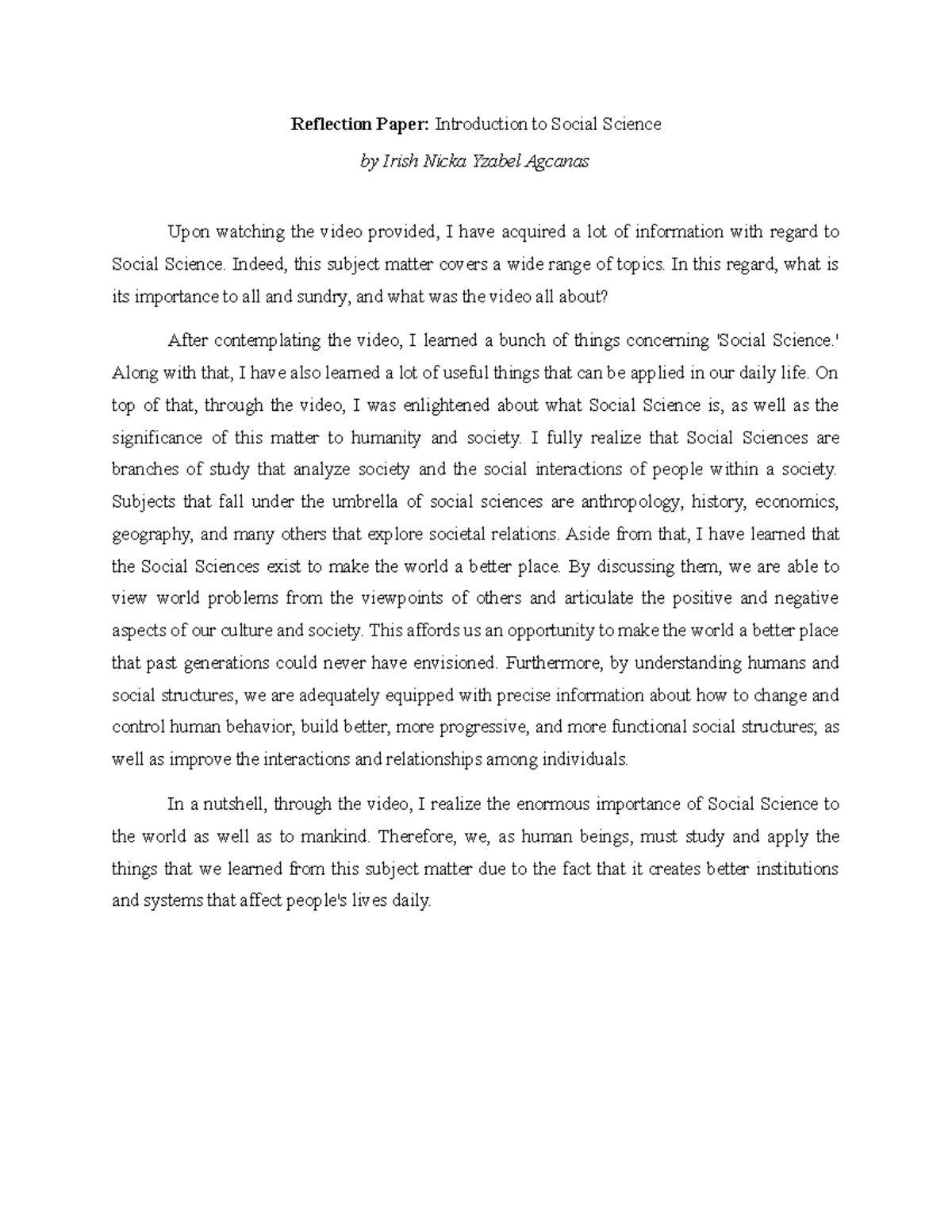 Reflection Paper by Irish Nicka Yzabel Agcanas - Reflection Paper ...