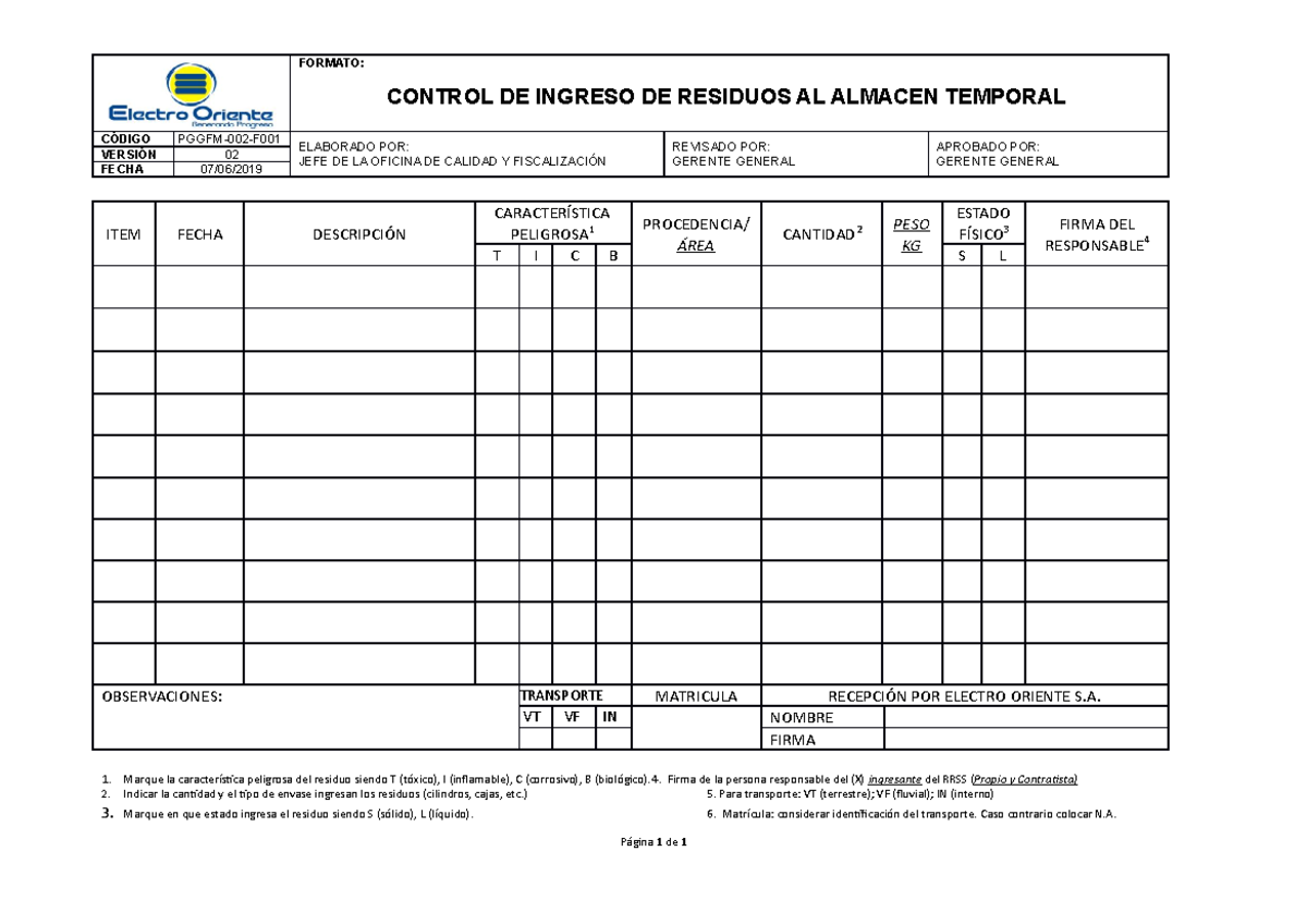 Pggfm-002-F001 Control DE Ingreso DE Residuos AL Almacen Temporal V02 ...