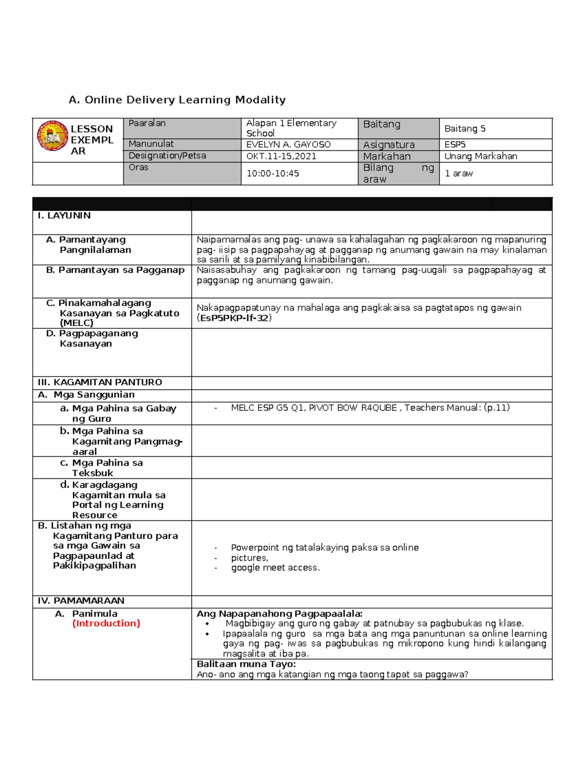 ESP G5 Q1 MELC5 - lesson plan - A. Online Delivery Learning Modality ...