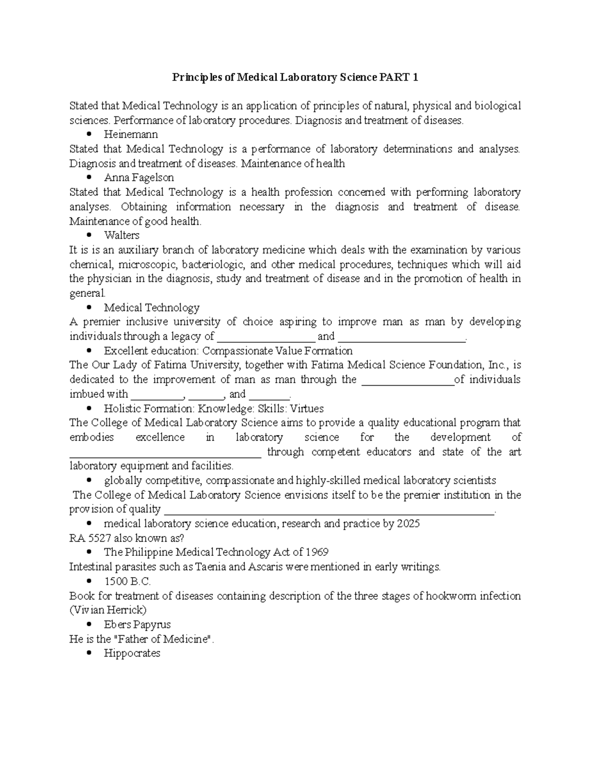 Principles of Medical Laboratory Science PART 1. - Performance of laboratory procedures ...