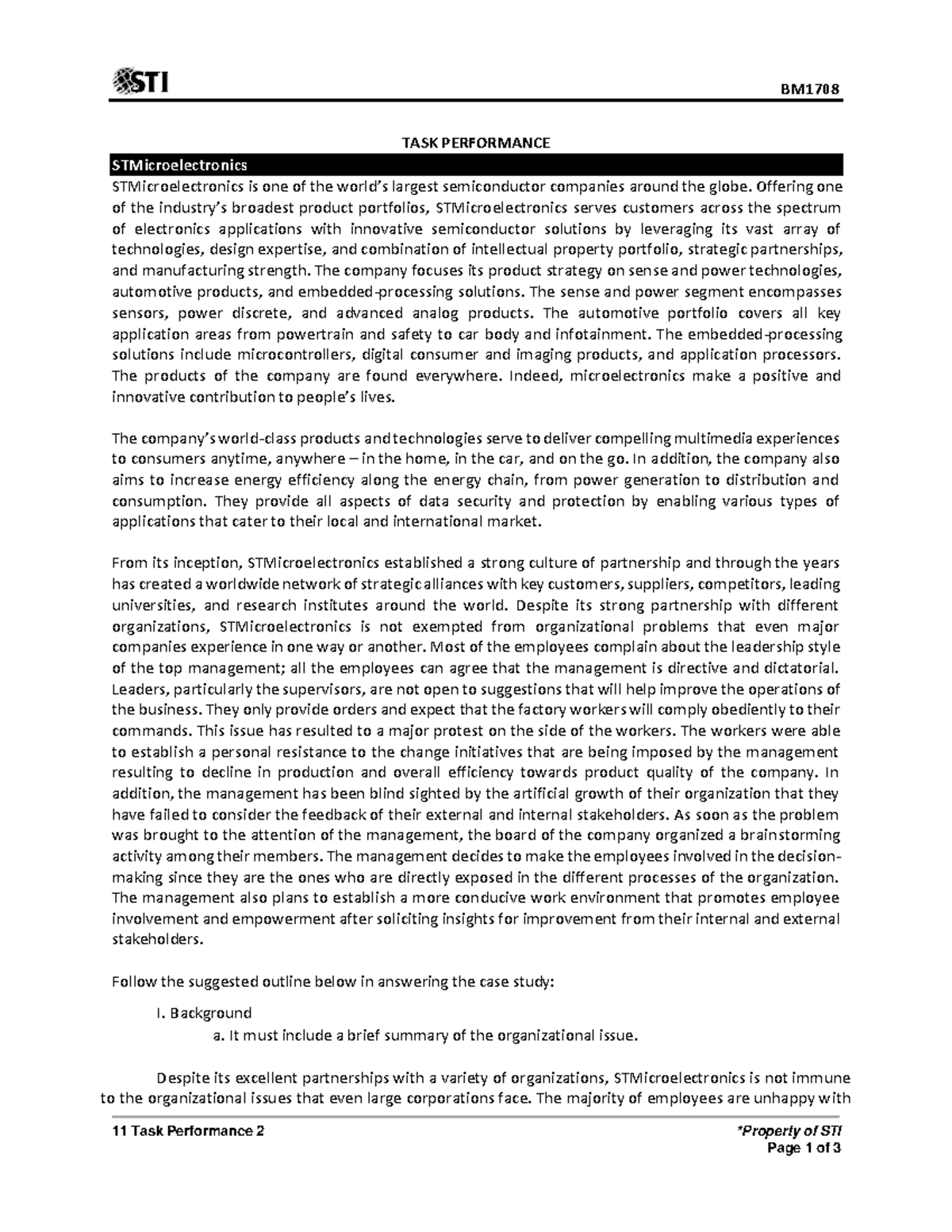Task Performance STMicroelectronics - BM 11 Task Performance 2 ...