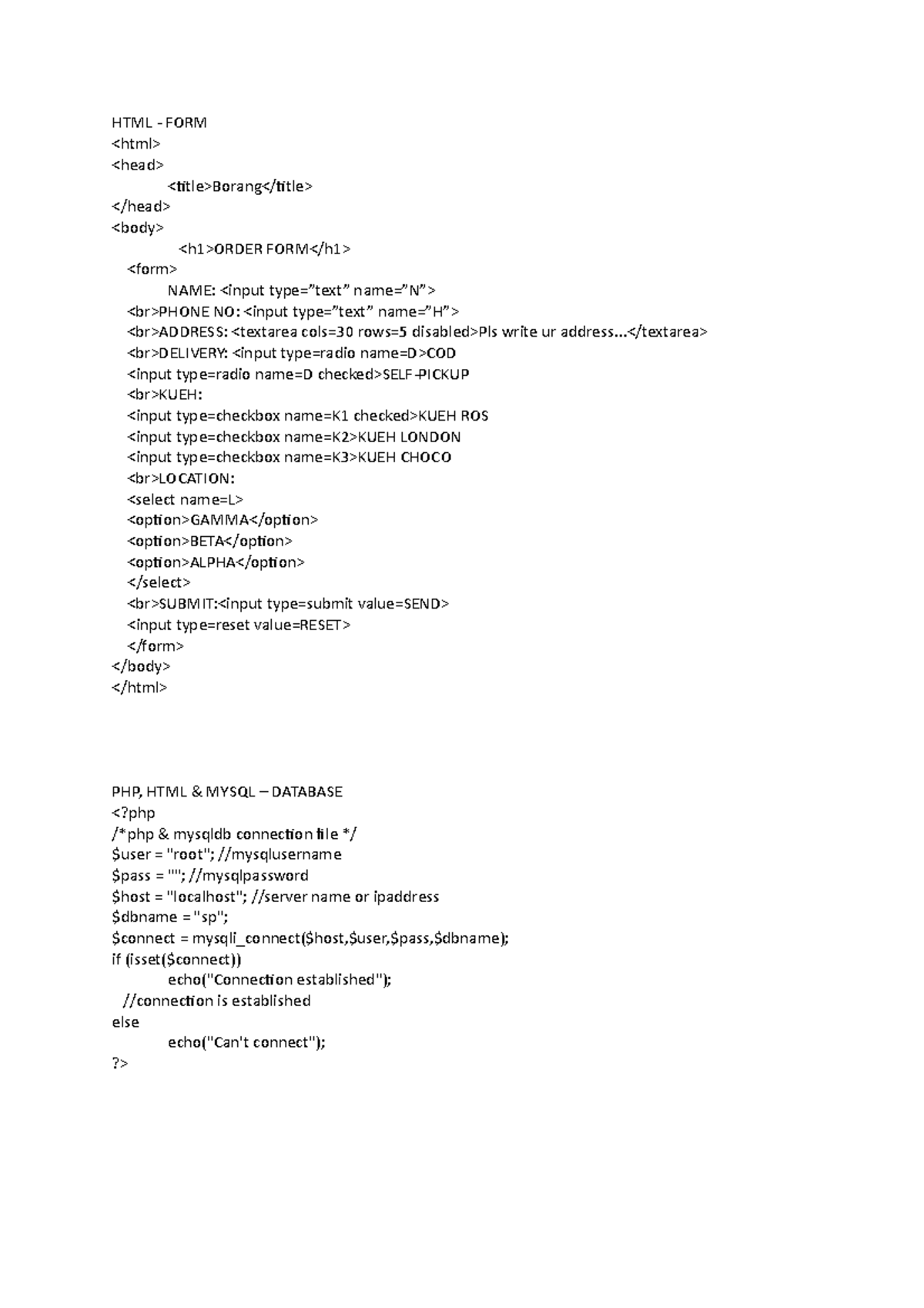 Coding csc264 - example using php and mysql - HTML - FORM Borang ORDER FORM - Studocu