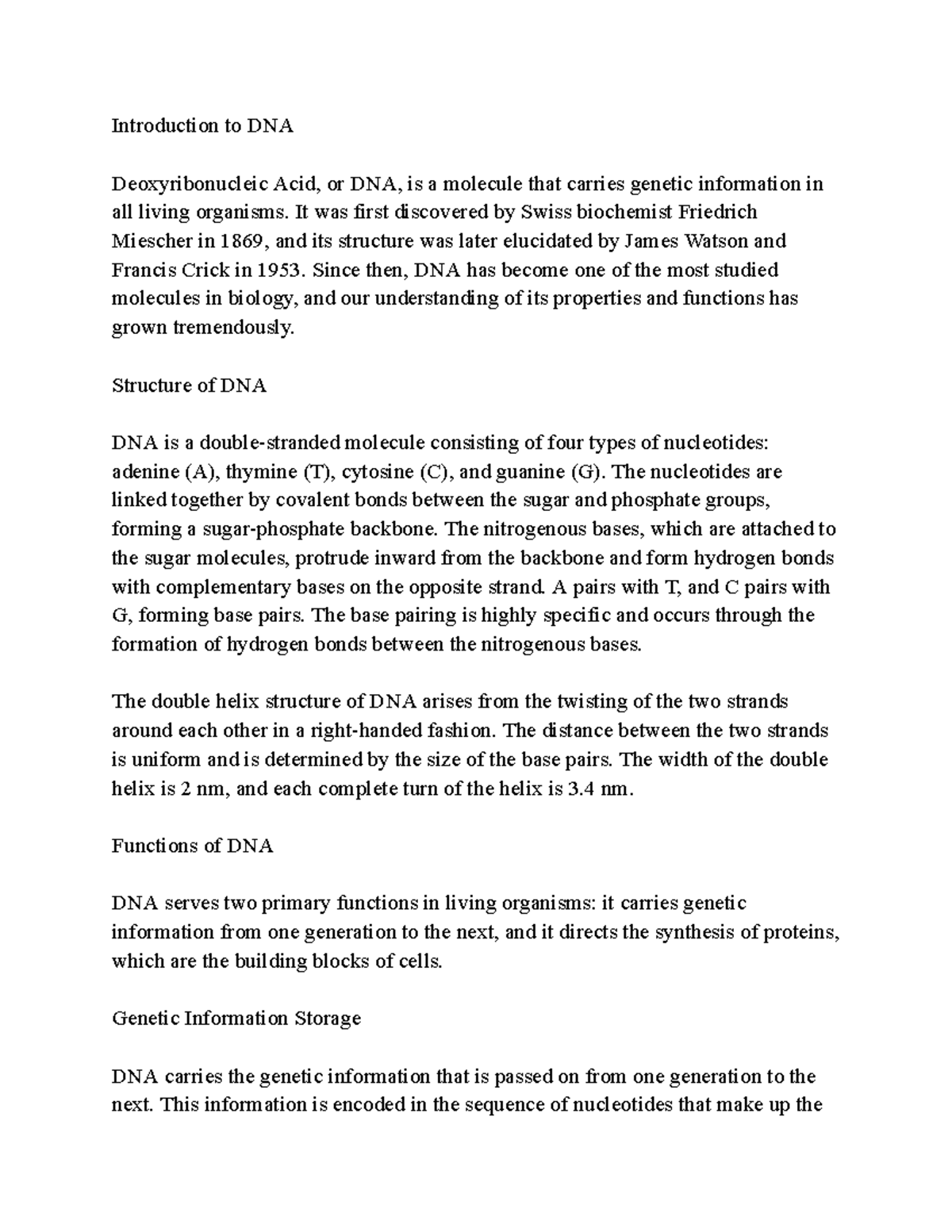 DNA Notes 1- Google Docs - Introduction to DNA Deoxyribonucleic Acid ...
