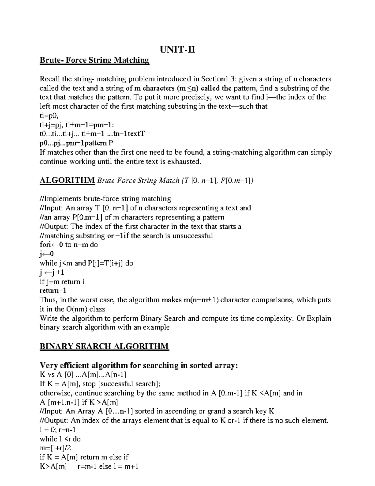 DAA - unit 2 Notes - tutorial - UNIT-II Brute- Force String Matching ...