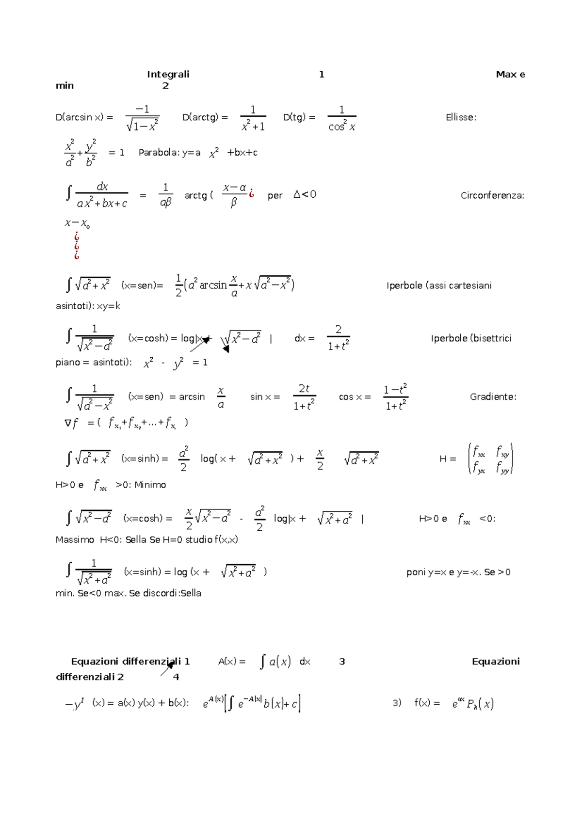 Formulario Matematica 2 - Integrali 2 min D(arcsin x) = −1 1 D(arctg ...