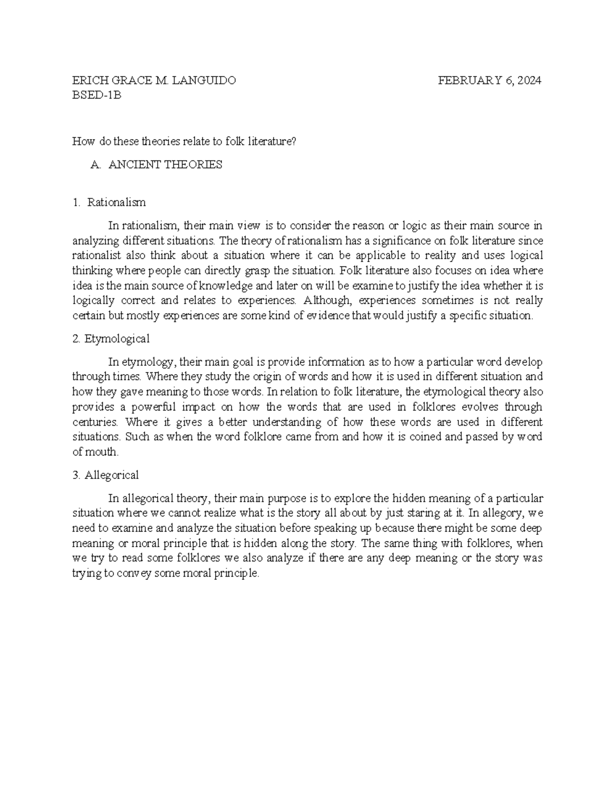 Mythology and folklore - ERICH GRACE M. LANGUIDO FEBRUARY 6, 2024 BSED ...