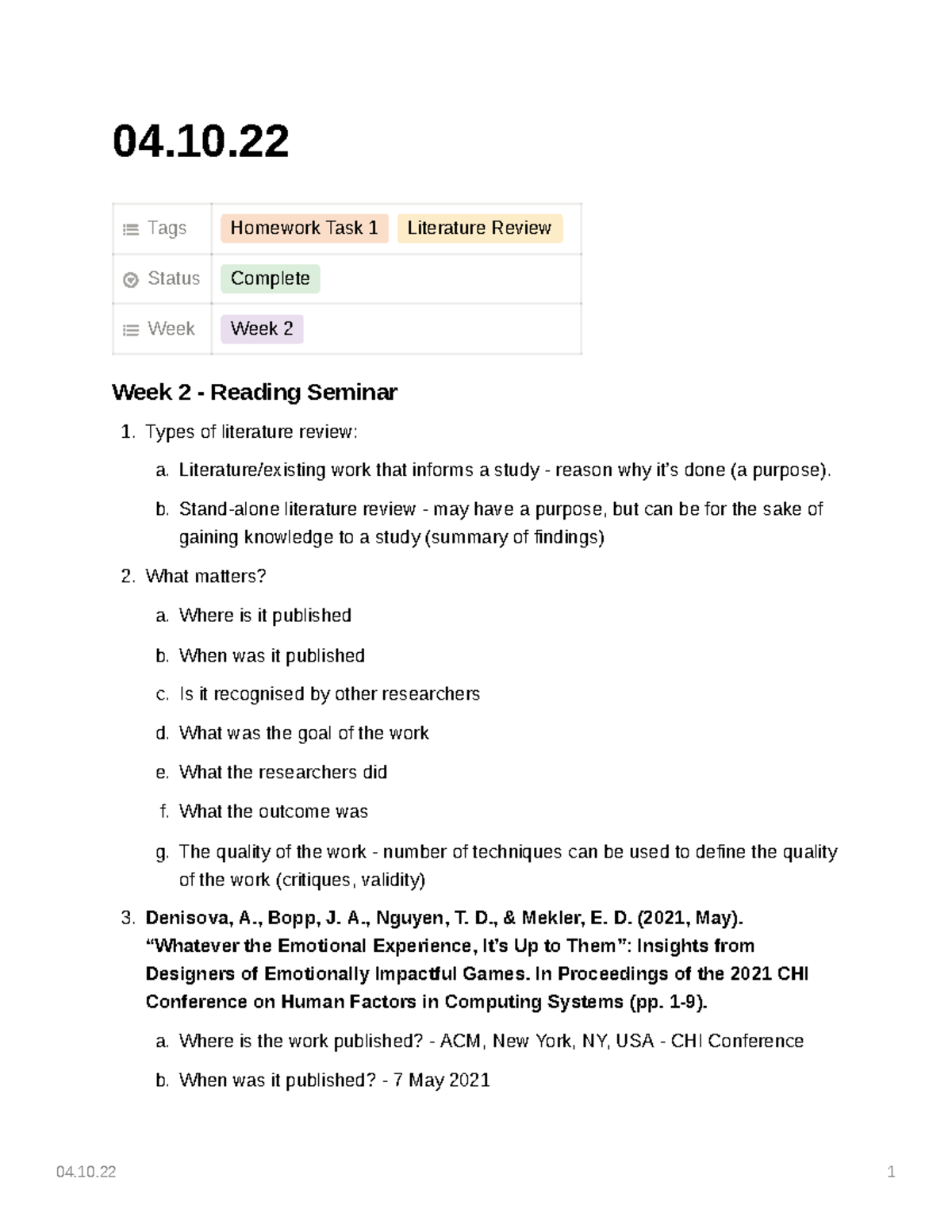 Reading seminar week 2 - 04.10 1 04. Tags Homework Task 1 Literature Review Status Complete Week ...