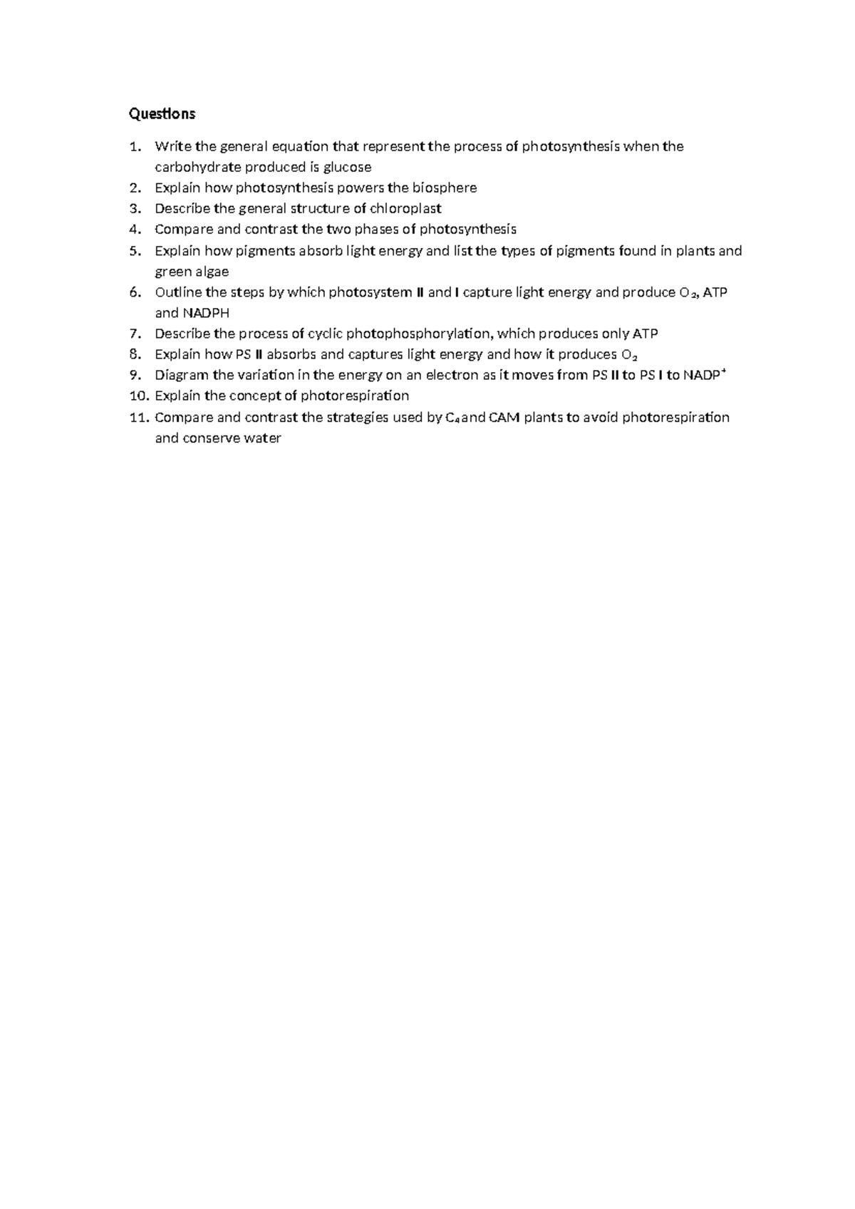 Photosynthesis Tutorial - Questions Write the general equation that ...