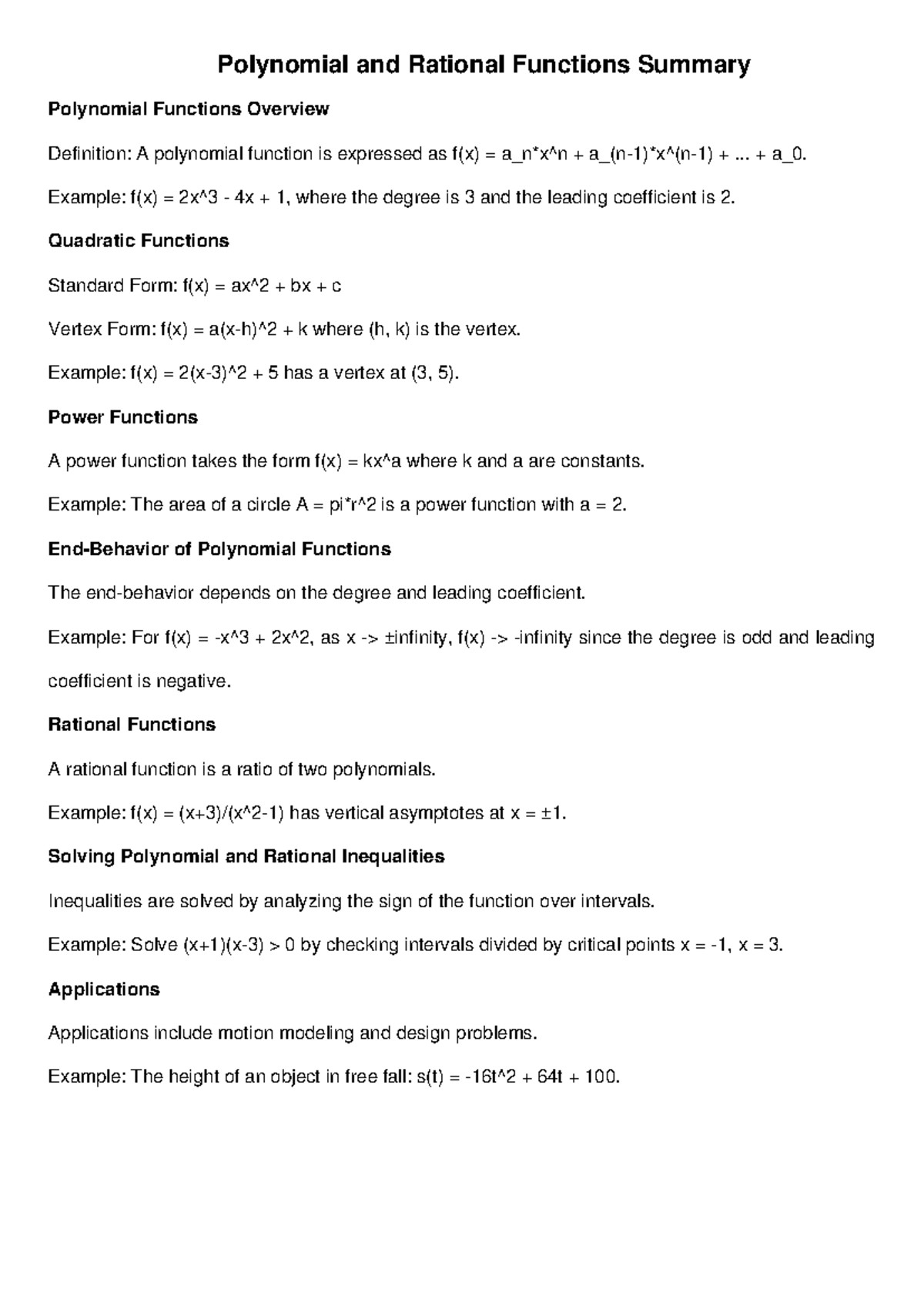 Polynomial and Rational Functions Summary Fixed - Polynomial and ...