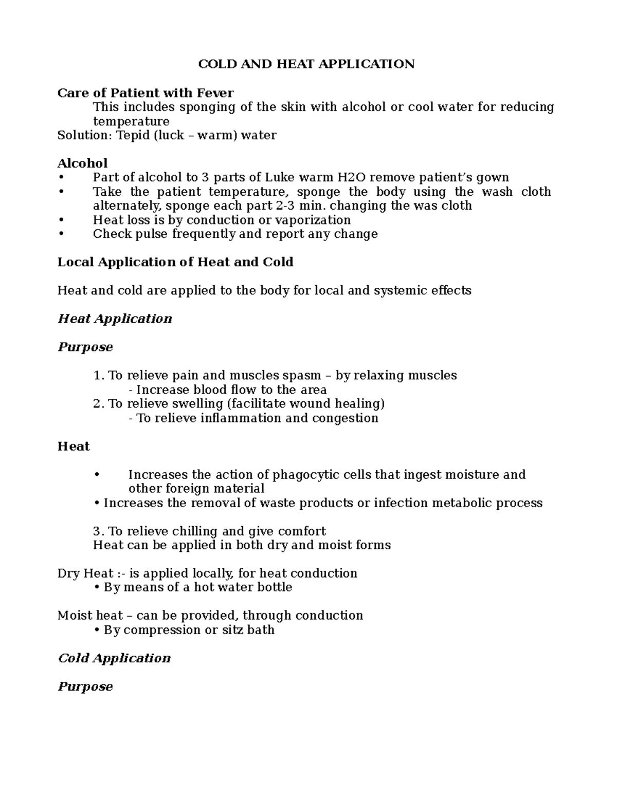 COLD AND HEAT Application - COLD AND HEAT APPLICATION Care of Patient ...