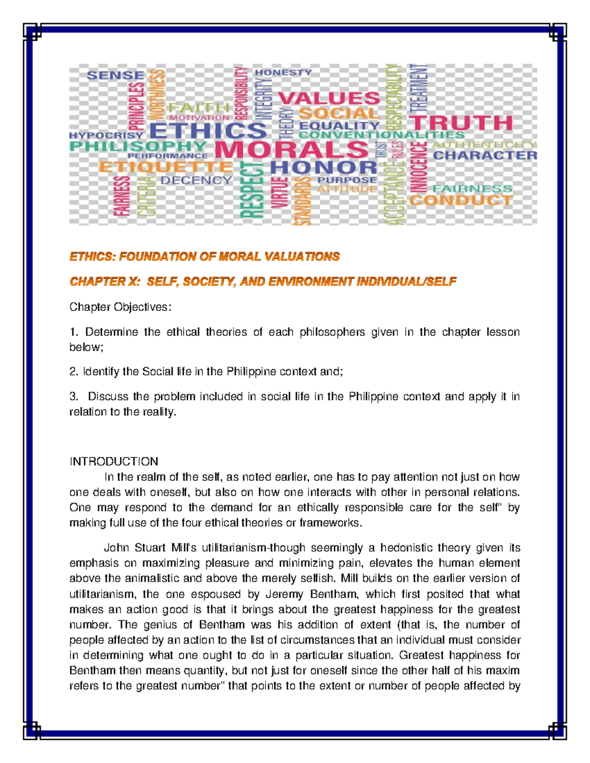 VAL02 Module Chapter 10 SELF, Society AND Environment - Chapter Objectives: Determine the ...