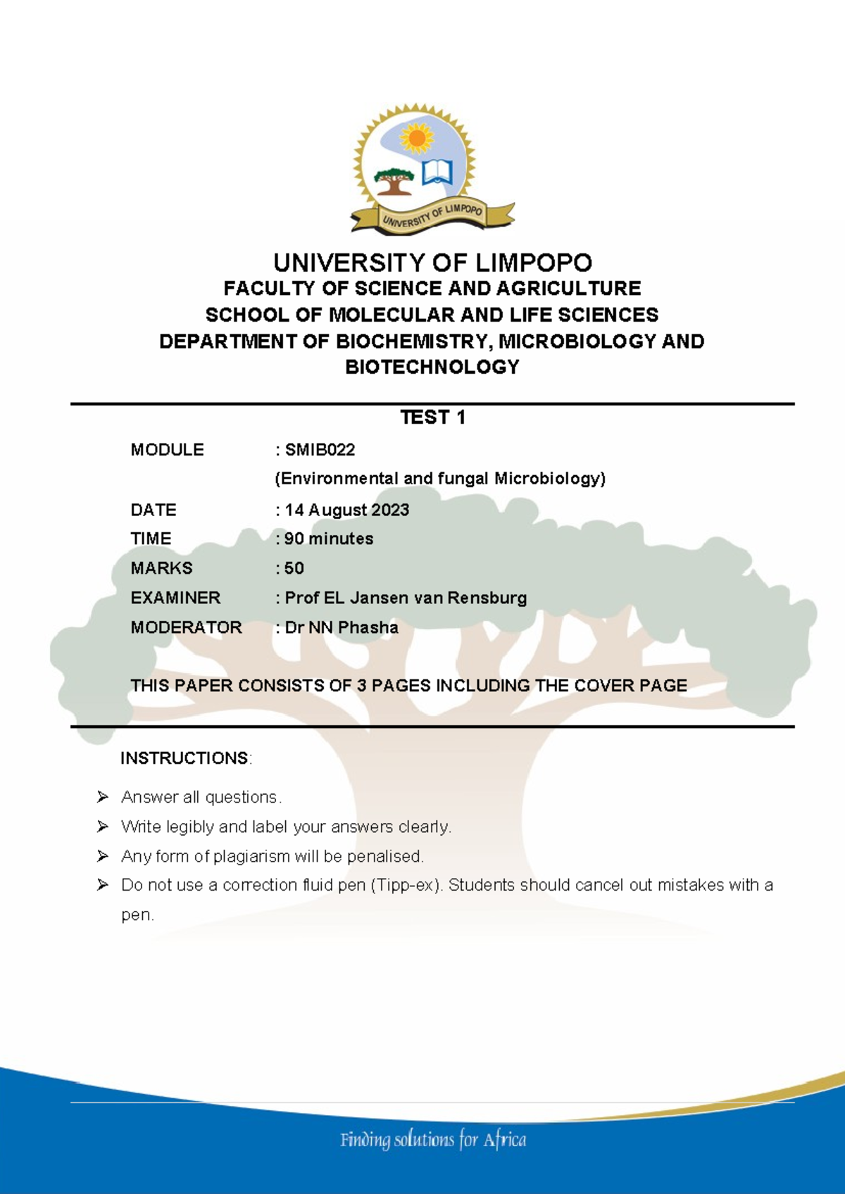 SMIB022 test 1 - PREVIOUS QUESTION PAPER - UNIVERSITY OF LIMPOPO ...