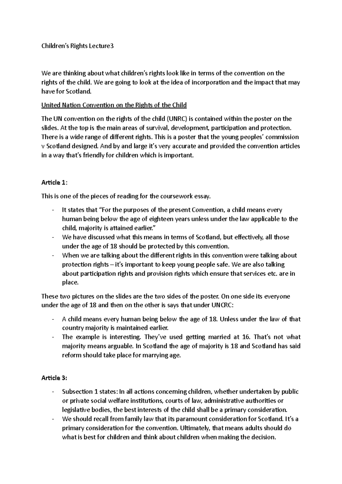 Lecture 3 - Children’s Rights Lecture We are thinking about what ...