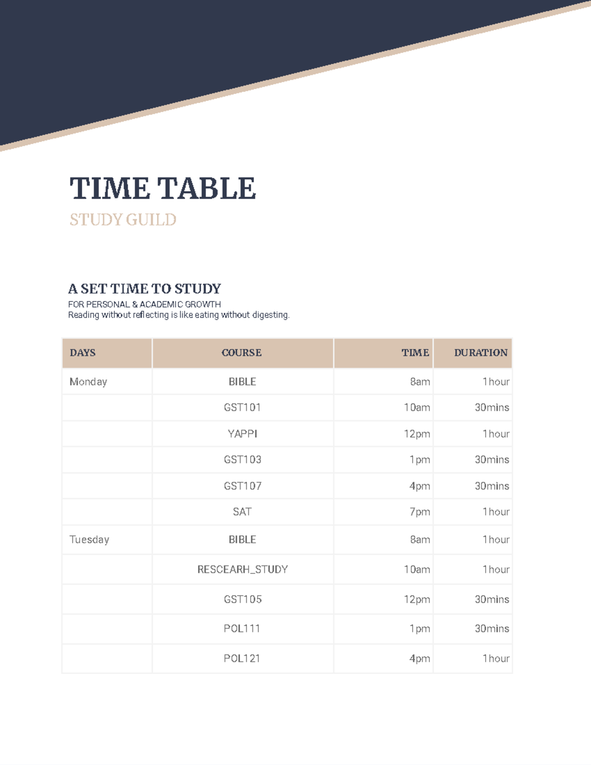 Timetable Study- Guild- Google Docs - TIME TABLE STUDY GUILD A SET TIME ...