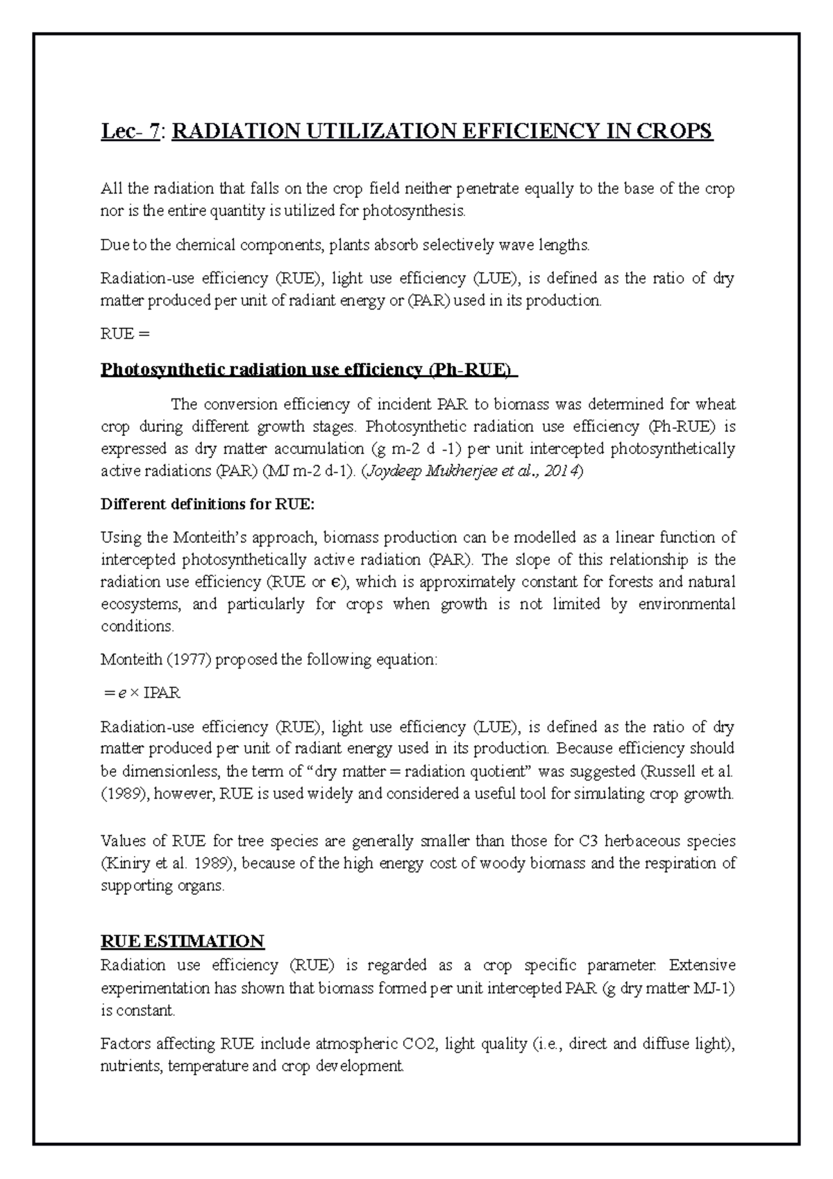 AMT503 lec-7 - radiation efficiency in crops - Lec- 7 : RADIATION ...