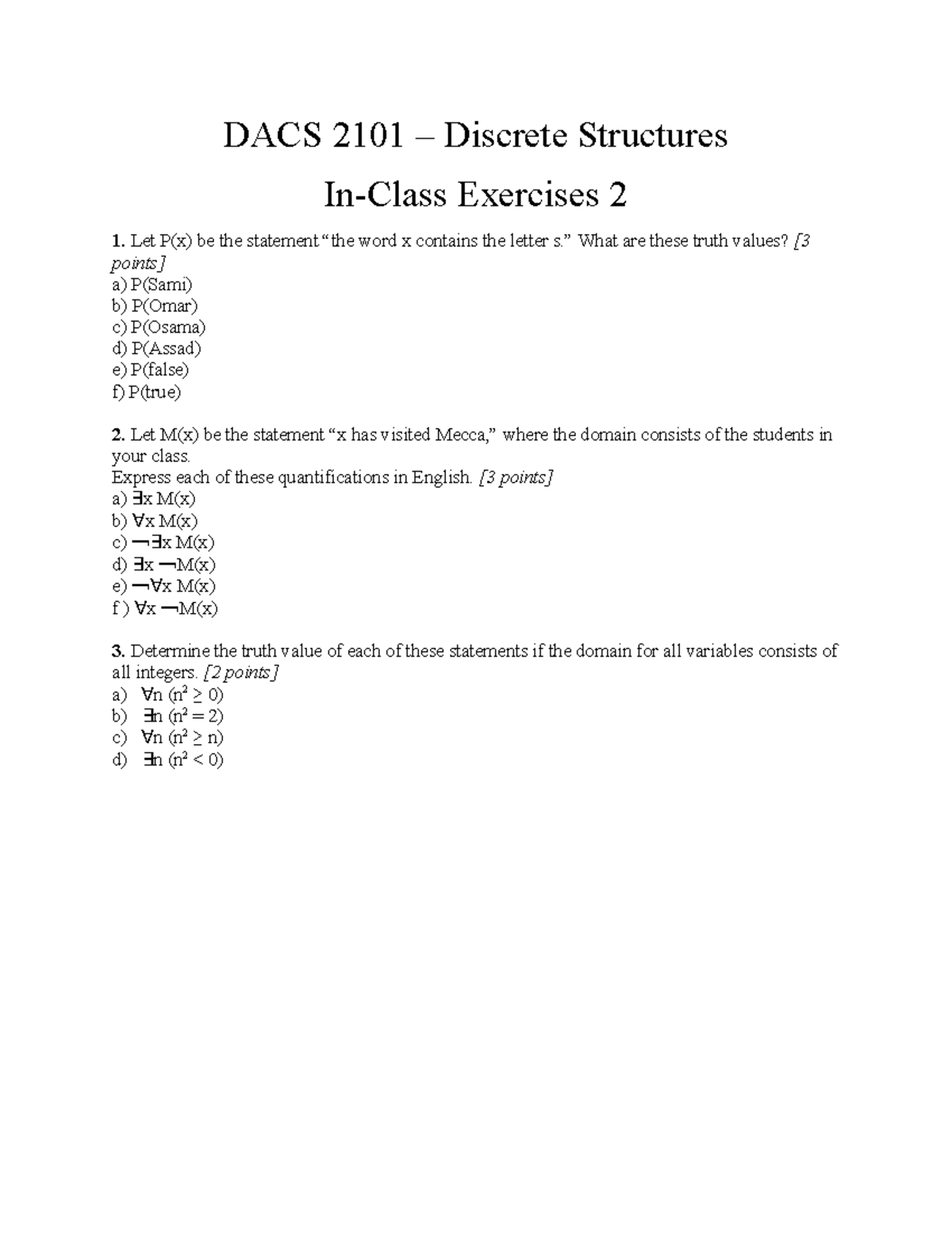 In-Class Exercises 2 - Assignment - programming - Studocu