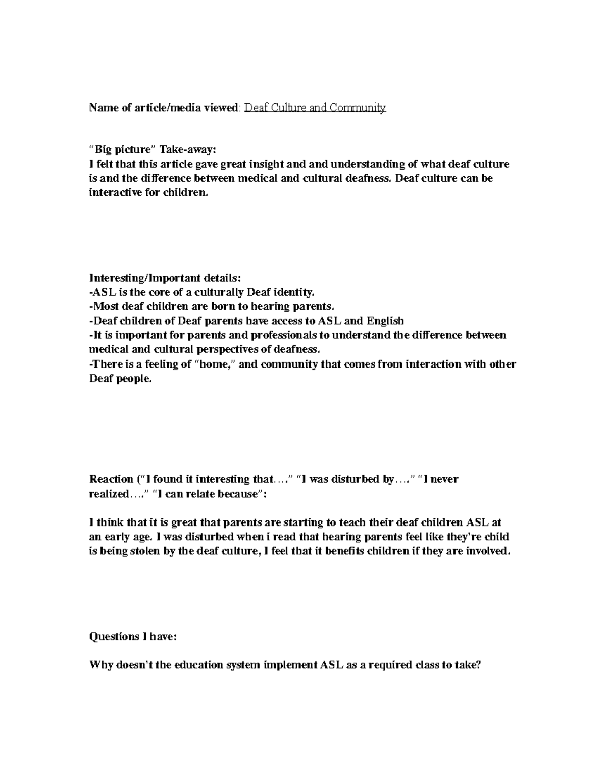 ASL write ups - Lecture notes 4 - Name of article/media viewed: Deaf ...