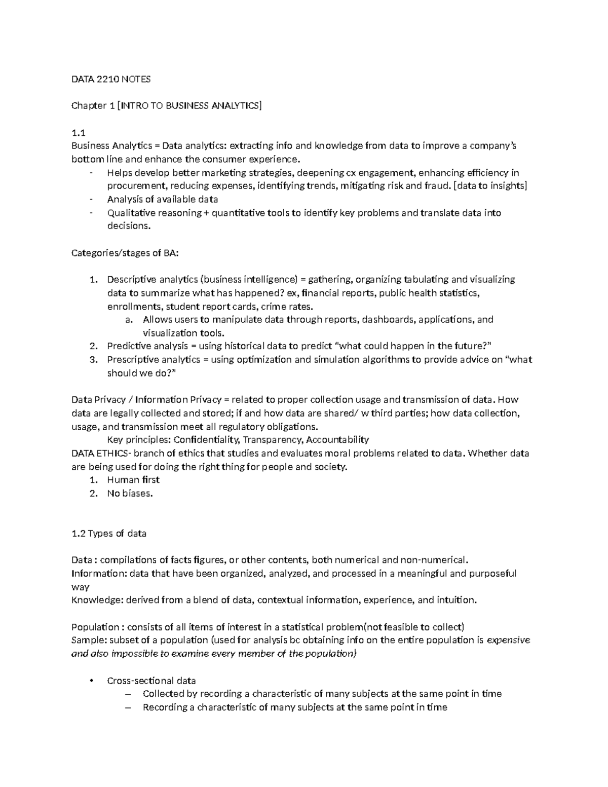 DATA 2210 Notes - DATA 2210 NOTES Chapter 1 [INTRO TO BUSINESS ...