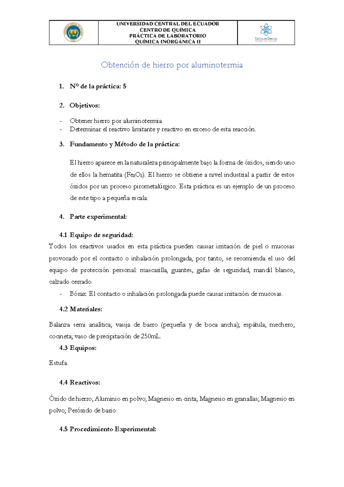 Guía CQ QI2 Práctica 5 - Obtención de hierro por aluminotermia ...