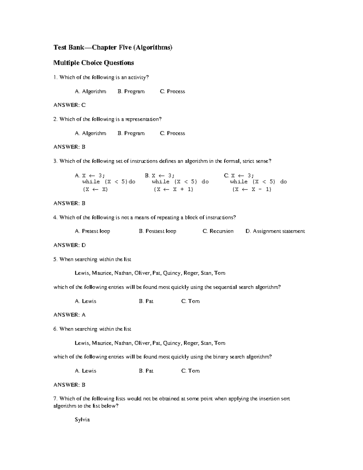 Computer science - Test Bank—Chapter Five (Algorithms) Multiple Choice ...