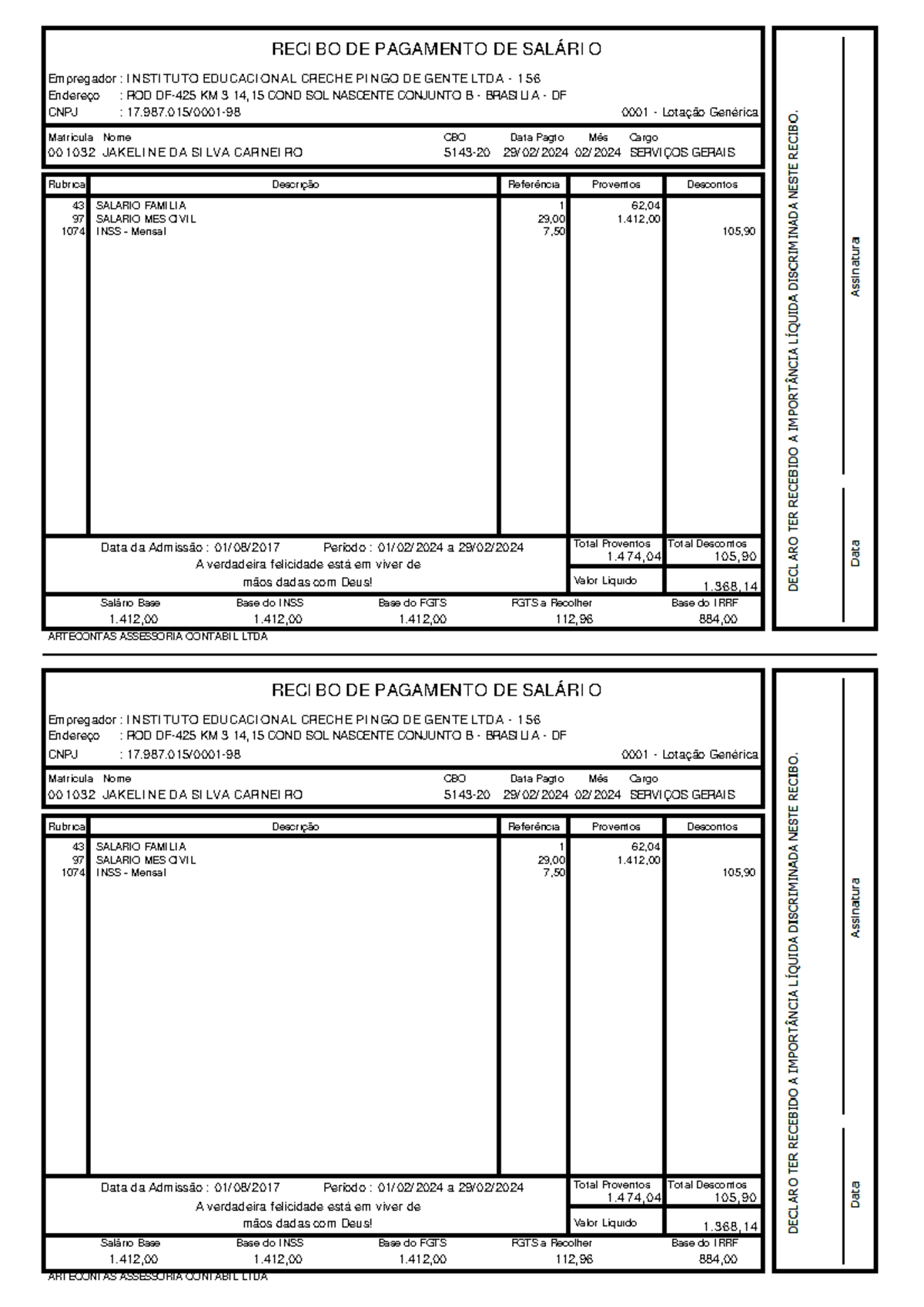 Recibo de Pagamento - 022024 - ARTECONTAS ASSESSORIA CONTABIL LTDA ...