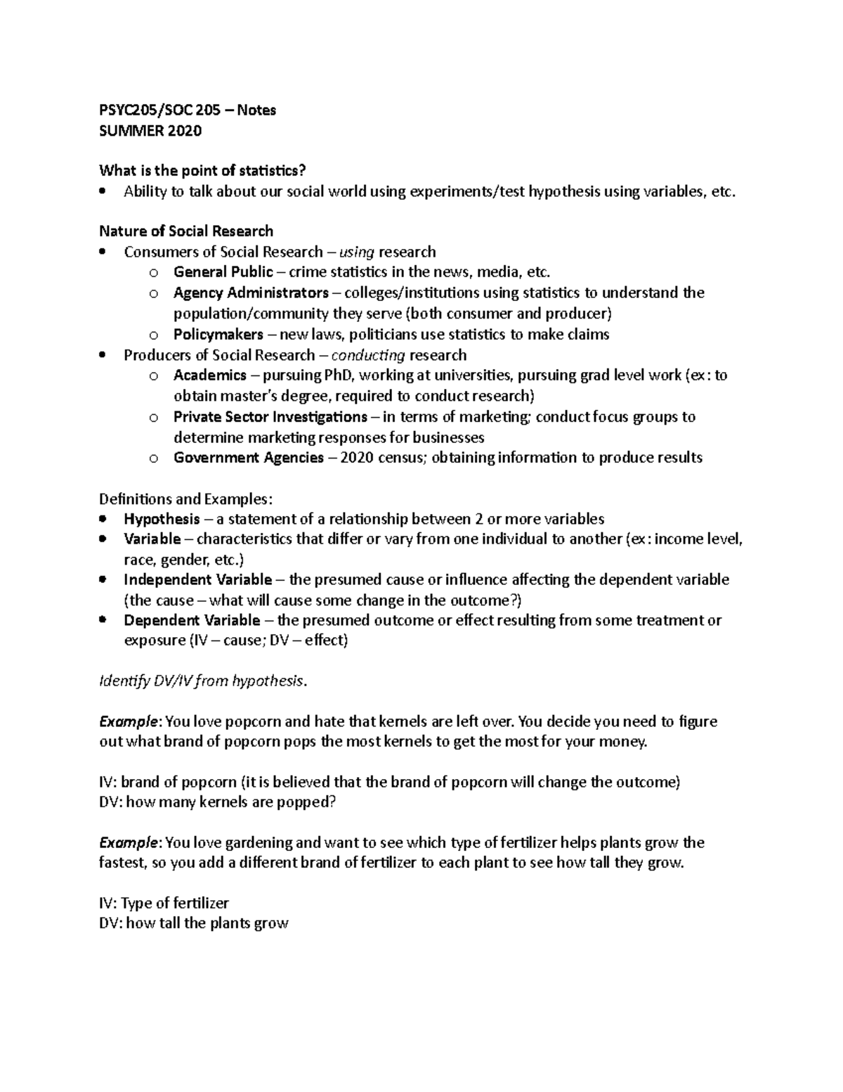 PSYC205 - Statistics notes - PSYC205/SOC 205 – Notes SUMMER 2020 What ...