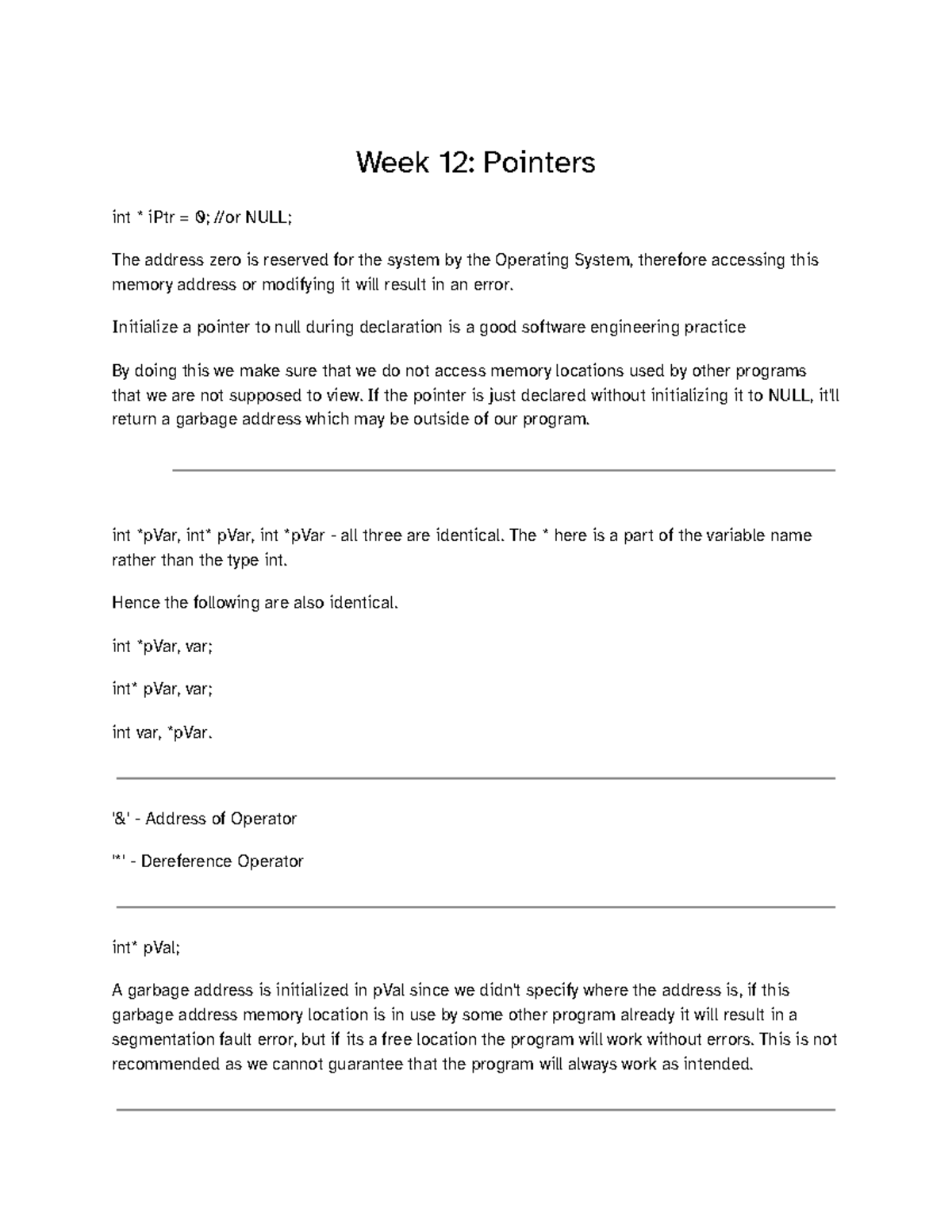 Week 12 Pointers Week 12 Pointers Int Iptr 0 Or Null The Address Zero Is Reserved