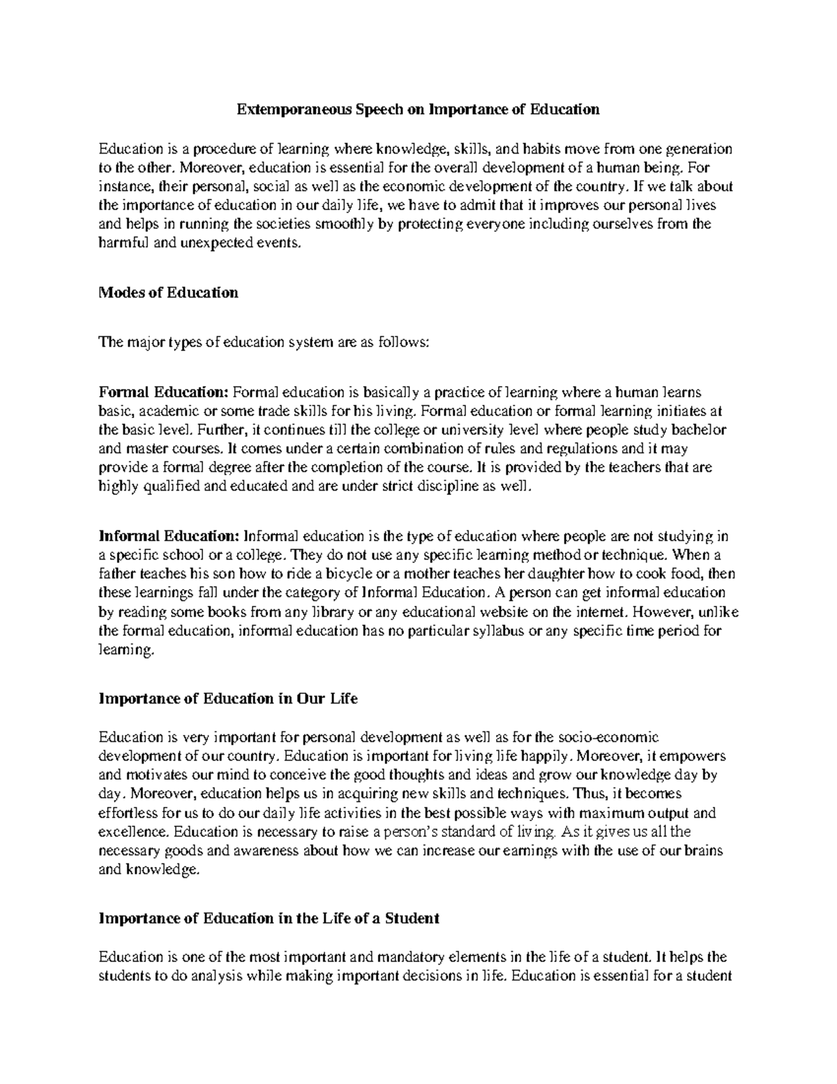 Example of extemporaneous speech about education - Extemporaneous ...