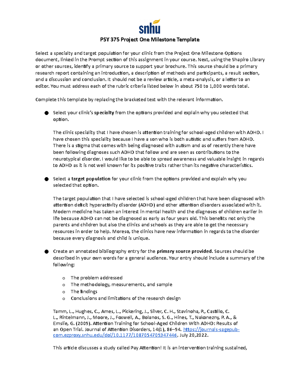 PSY 375 Project One Milestone Template - PSY 375 Project One Milestone ...