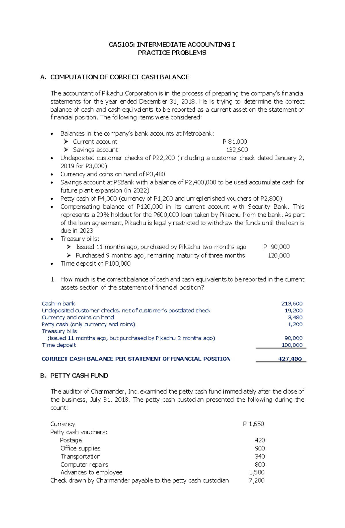 Scfull - practice - CA5105: INTERMEDIATE ACCOUNTING I PRACTICE PROBLEMS ...