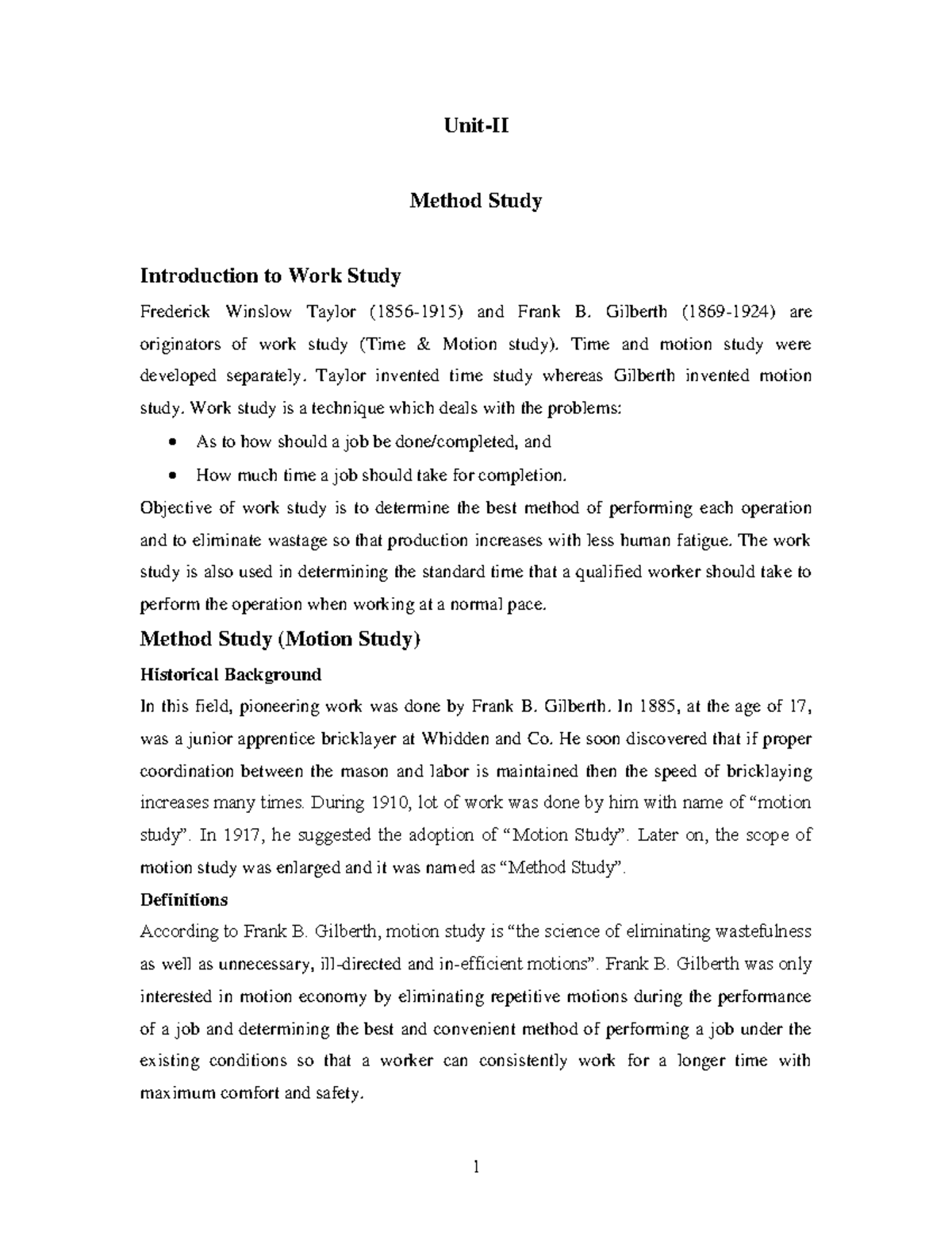 100019133 - Unit-II Method Study Introduction to Work Study Frederick ...