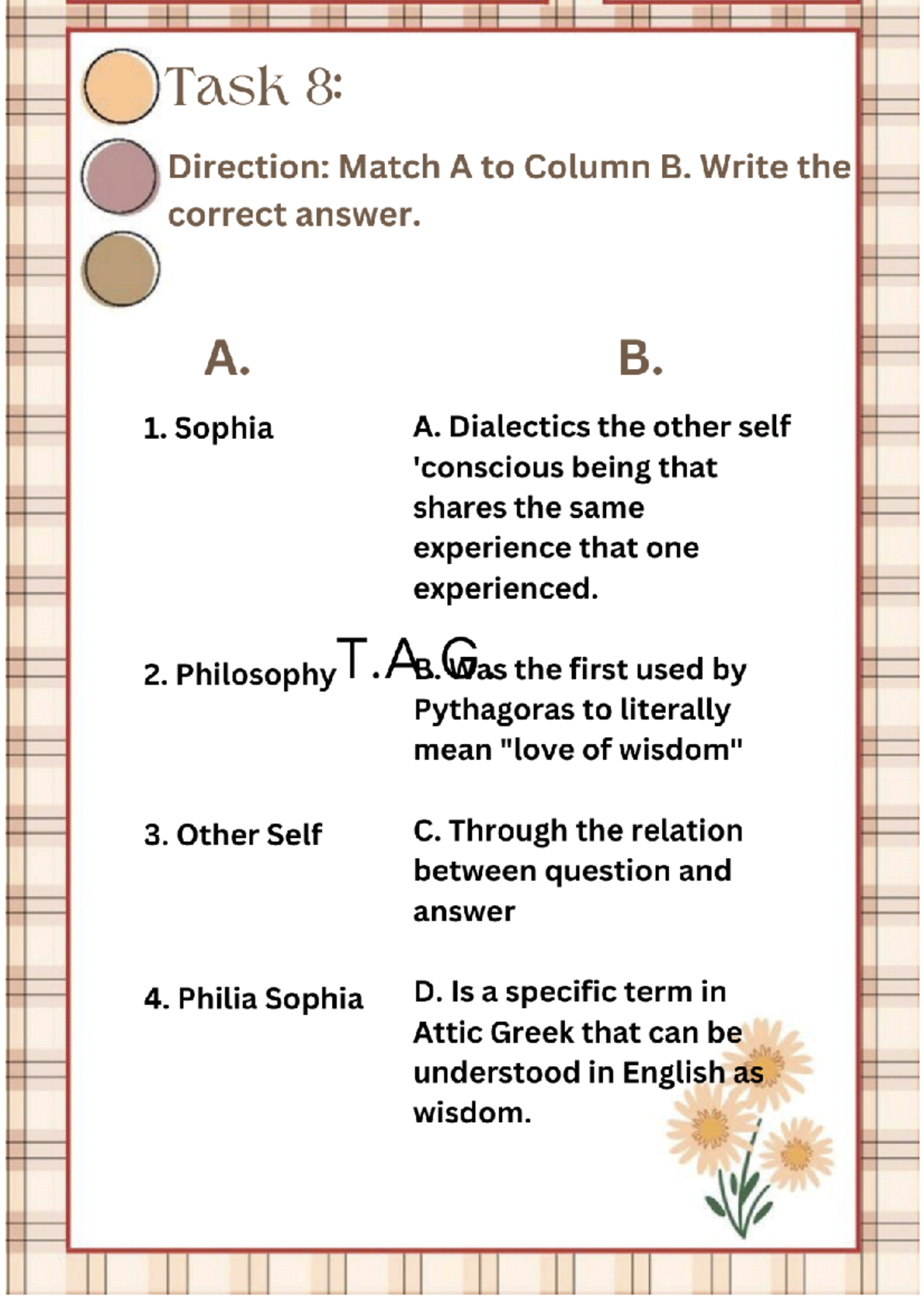 Task 8 - This is task activity. - Task 8: Direction: Match A to Column B. Write the correct ...