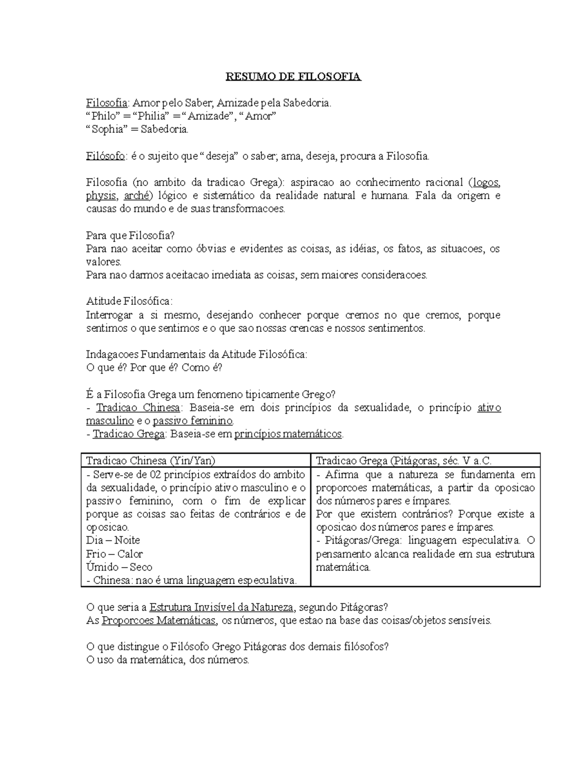 Resumo DE Filosofia - RESUMO DE FILOSOFIA Filosofia: Amor pelo Saber ...