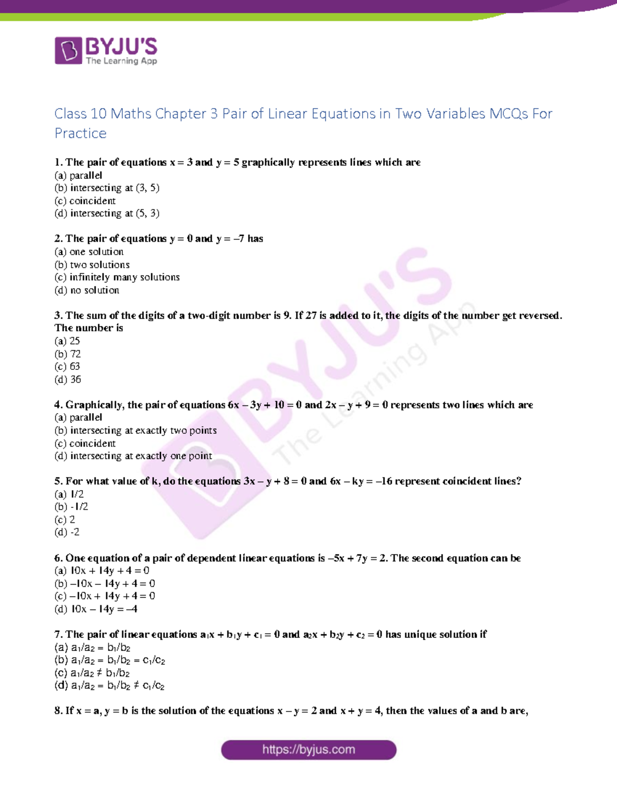 Class 10 Maths Chapter 3 Pair of Linear Equations in Two Variables MCQs ...