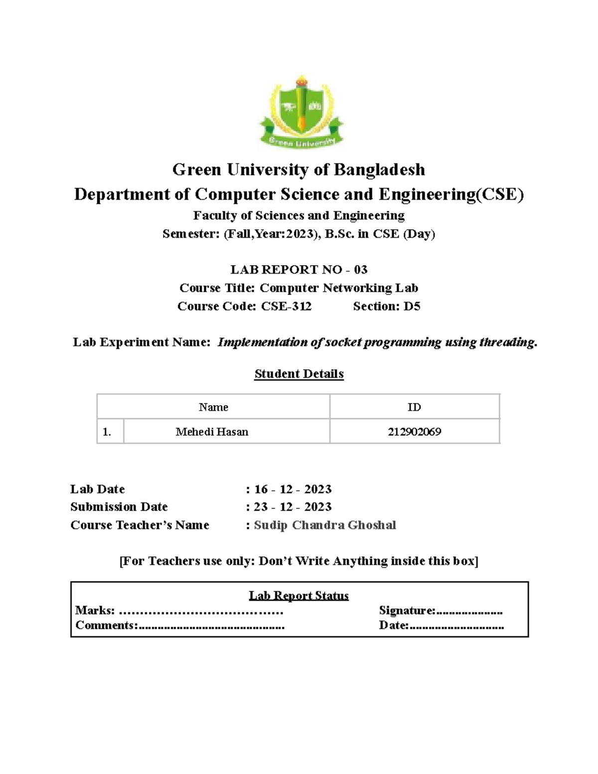 Socket programming using threading (Networking Lab Report 3) - Green University of Bangladesh ...