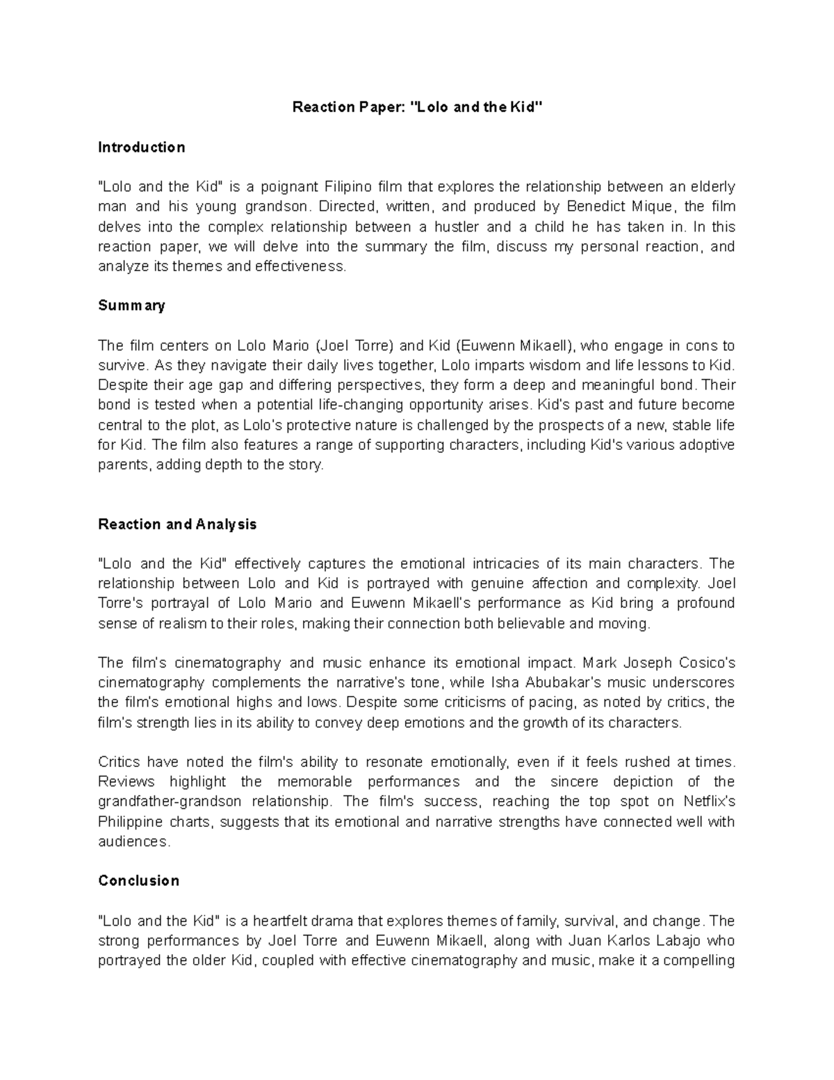 Reaction Paper -Lolo and the Kid - Reaction Paper: "Lolo and the Kid ...