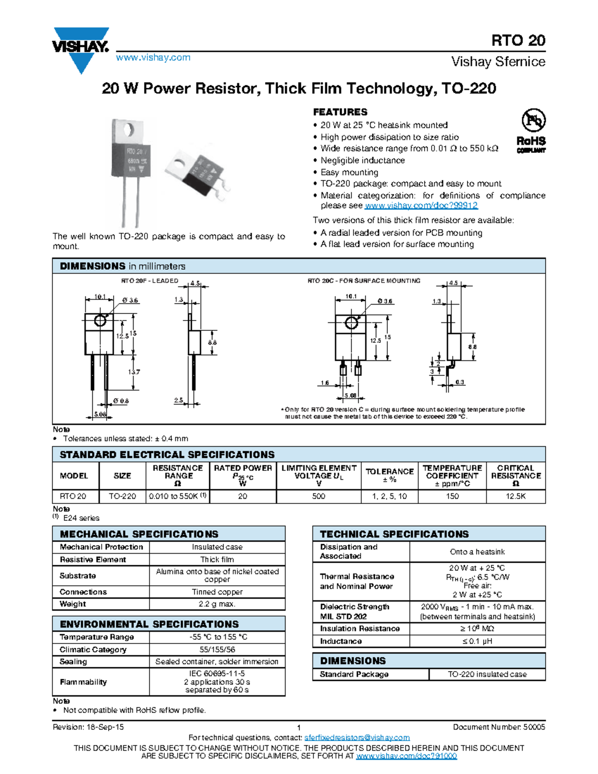 Datasheet resistor TO 220 - vishay Vishay Sfernice Revision: 18-Sep-15 ...