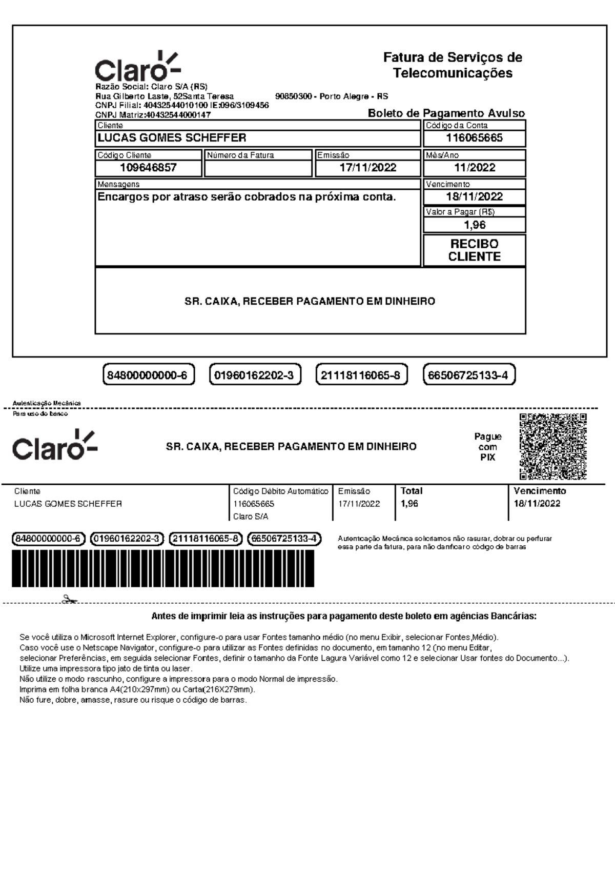 Boleto Claro 116065665 - Cliente LUCAS GOMES SCHEFFER Código da Conta ...