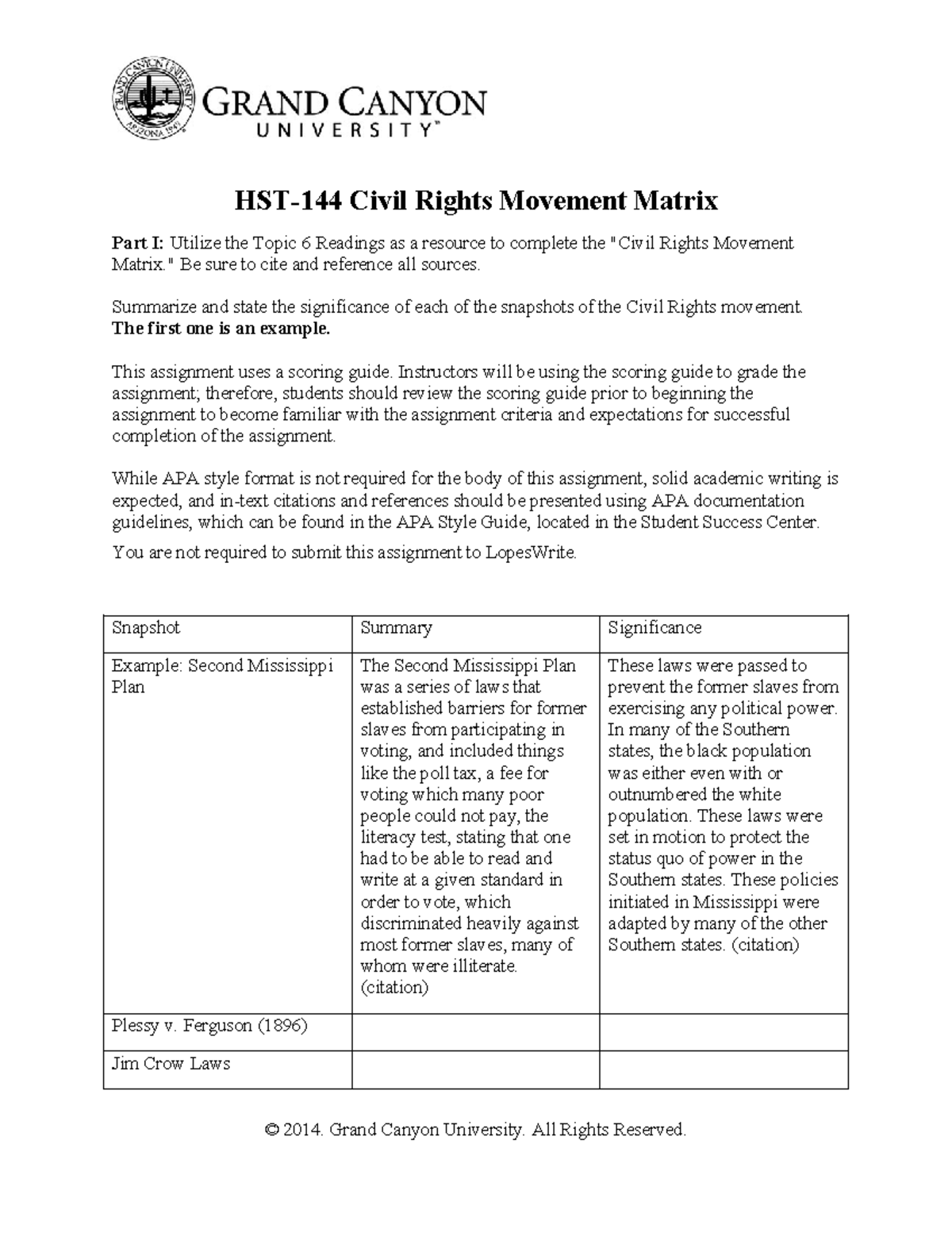 HIS144 Civil Rights Movement Matrix - HST-144 Civil Rights Movement ...