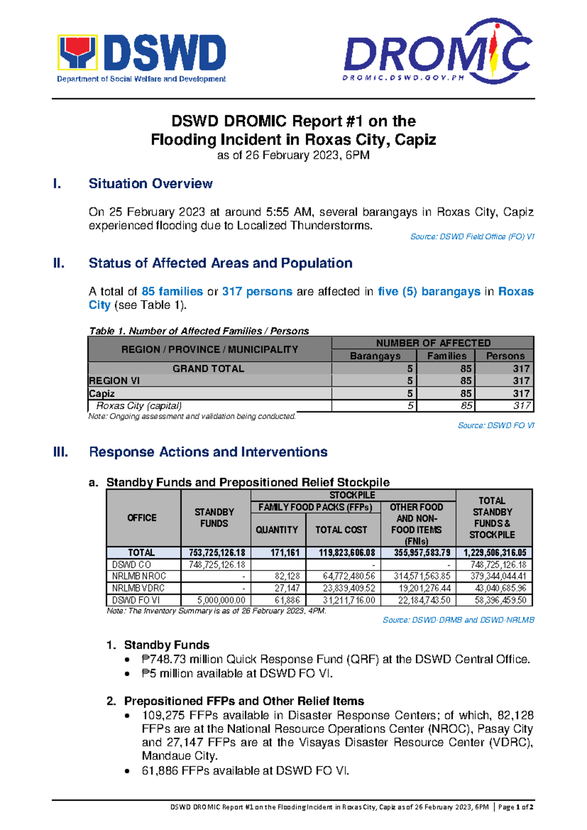 DSWD Dromic Report 1 on the Flooding Incident in Roxas City Capiz as of ...