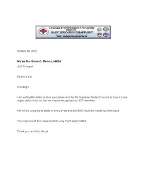 Request Letter FOR Shirts - 0ctober 10, 2022 Ma’am Ma. Grace O. Mencio ...