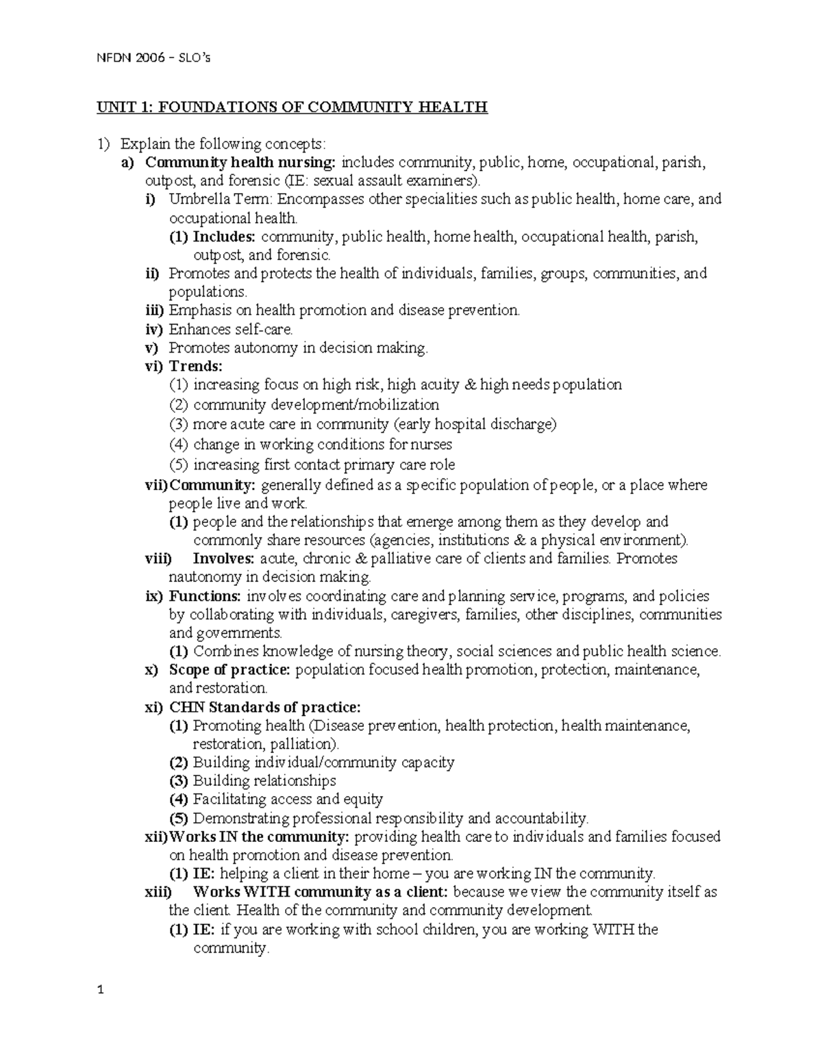 NFDN 2006 - SLOs - SLOs Unit 1-8 - UNIT 1: FOUNDATIONS OF COMMUNITY ...