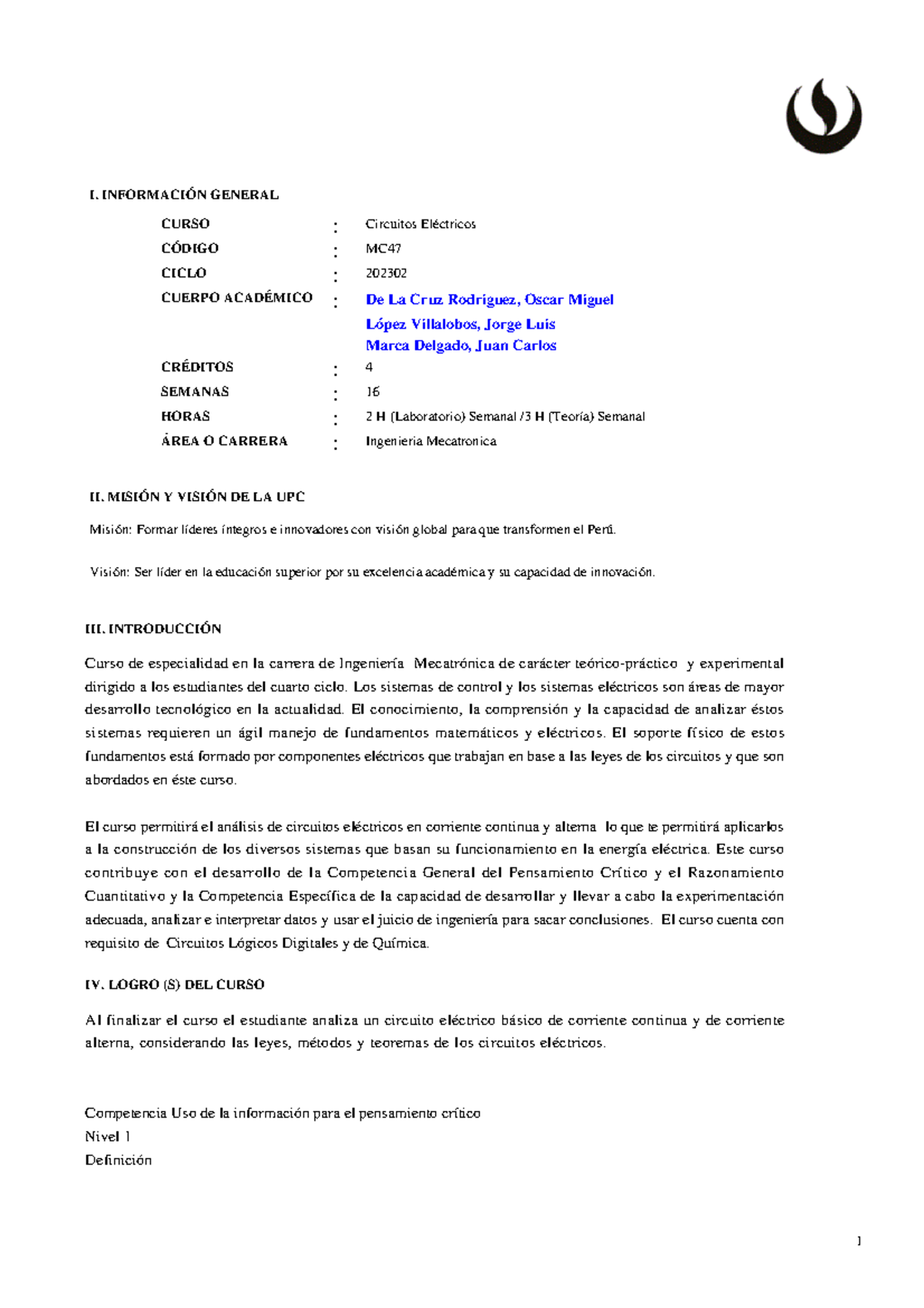 MC47 Circuitos Electricos 202302 - III. INTRODUCCIÓN Curso de ...