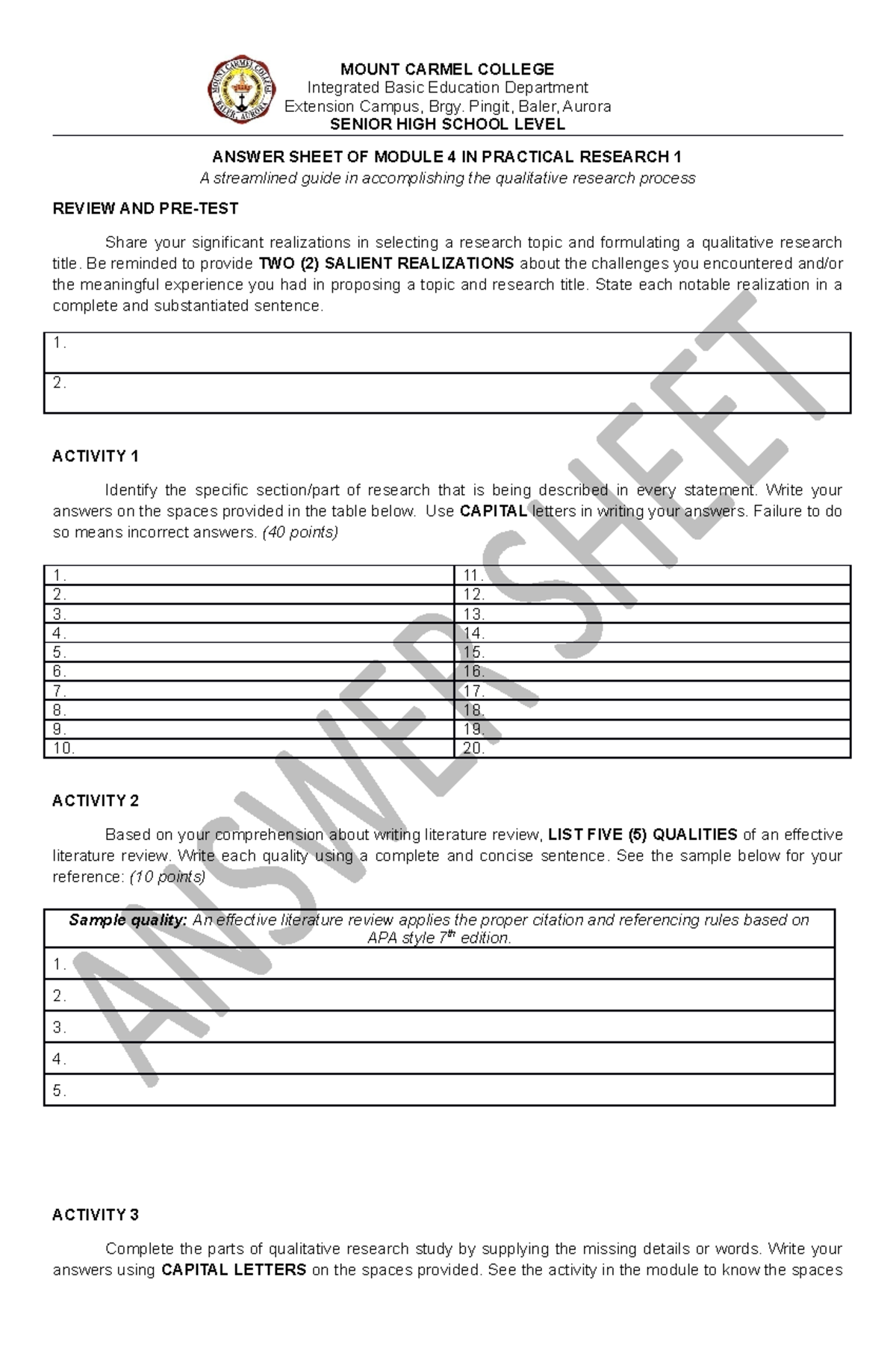 Answer Sheet OF Module 4 IN Practical Research 1 - MOUNT CARMEL COLLEGE ...