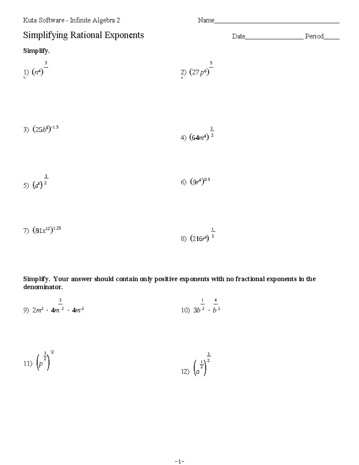 Simplifying Rational Exponents - Kuta Software - Infinite Algebra 2 ...